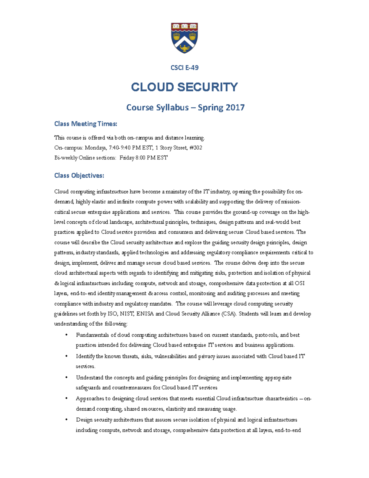Csci E49 Cloud Security Syllabus Spring 2017 Ramesh Nagappan Csci E