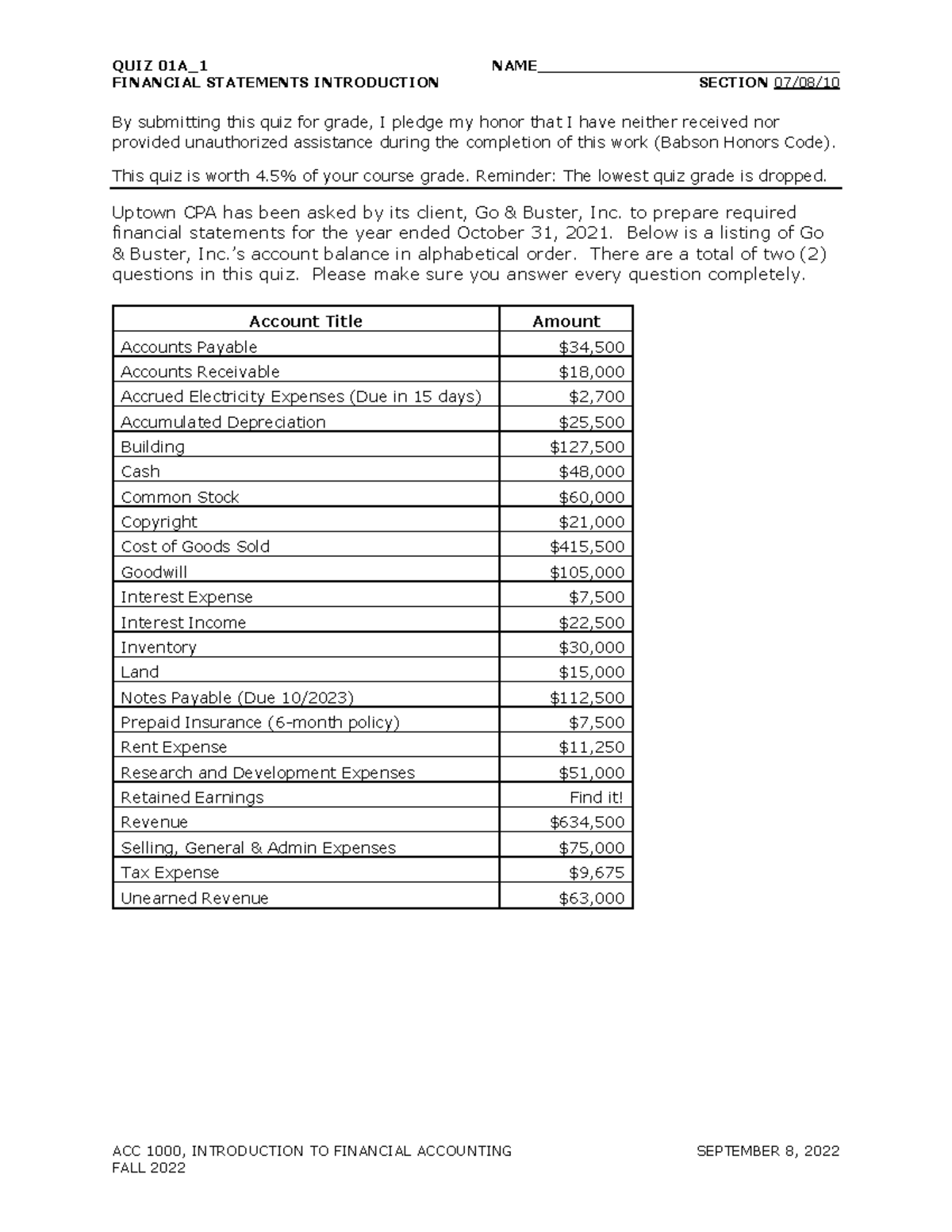ACC- quiz 1 - Quiz - QUIZ 01 A_ 1 NAME ...