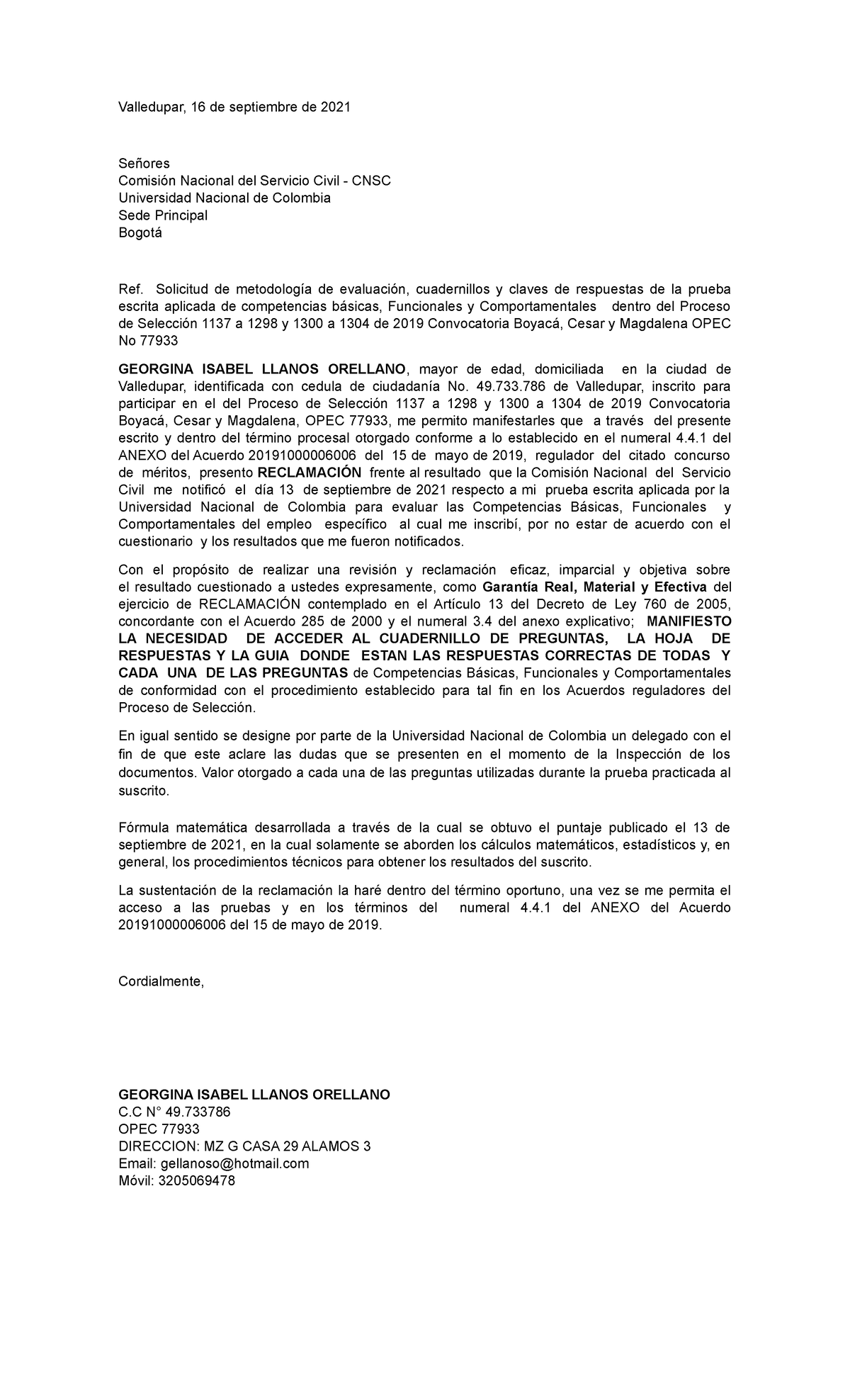 Reclamacion SIMO - Modelo - Valledupar, 16 de septiembre de 2021 ...