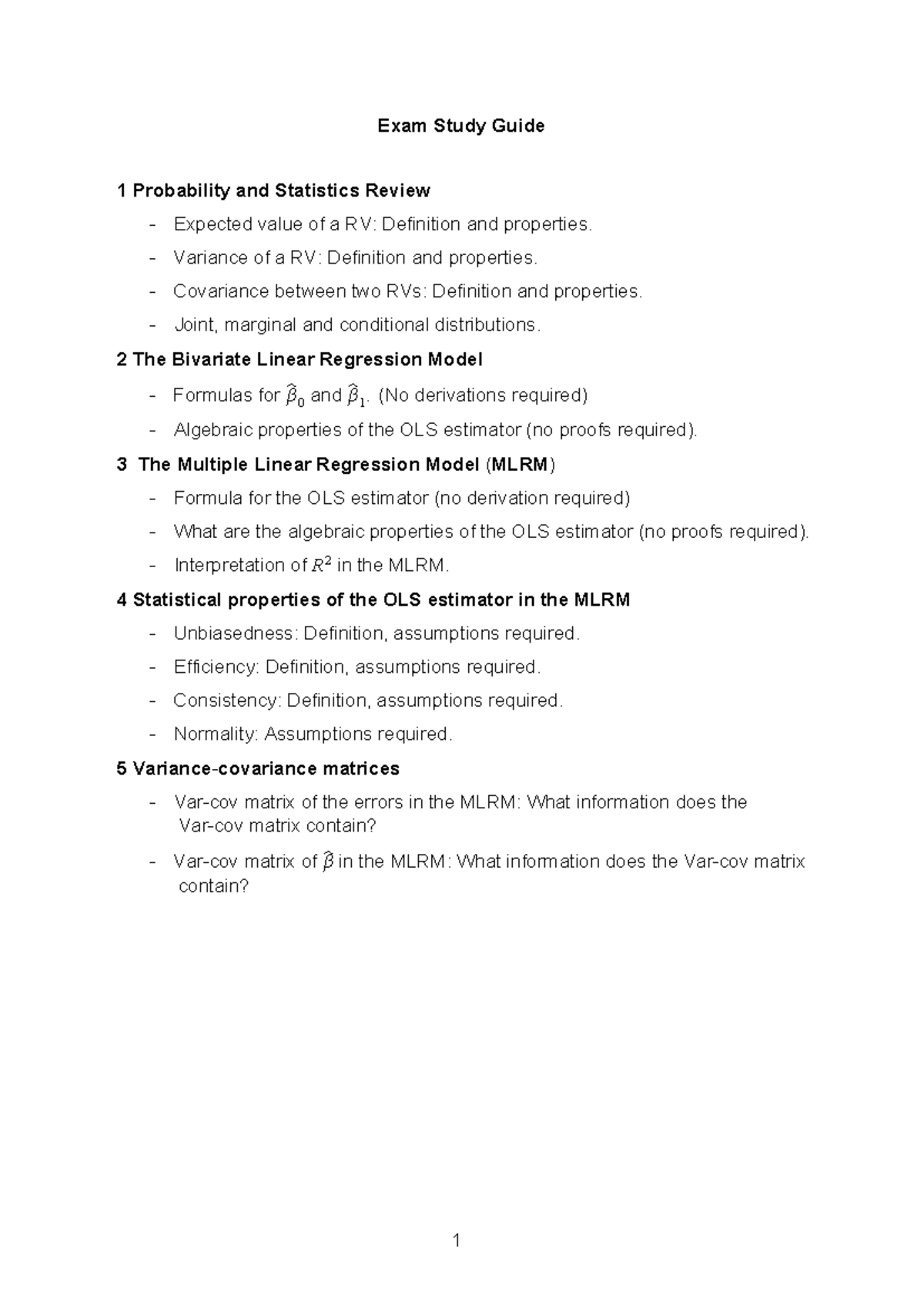 Study Guide - Variance of a RV: Definition and properties. - Covariance ...