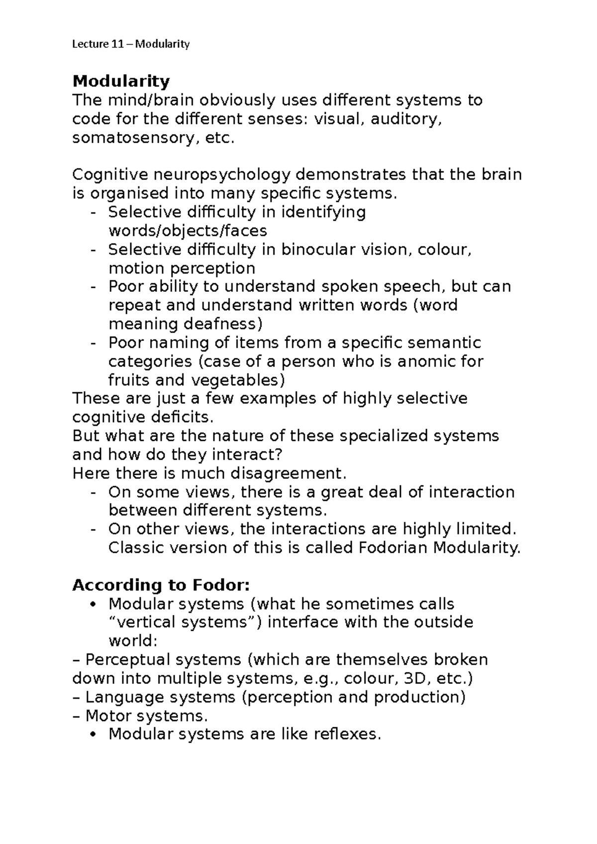 Lecture 11 Modularity Modularity The Mindbrain Obviously Uses Different Systems To Code For