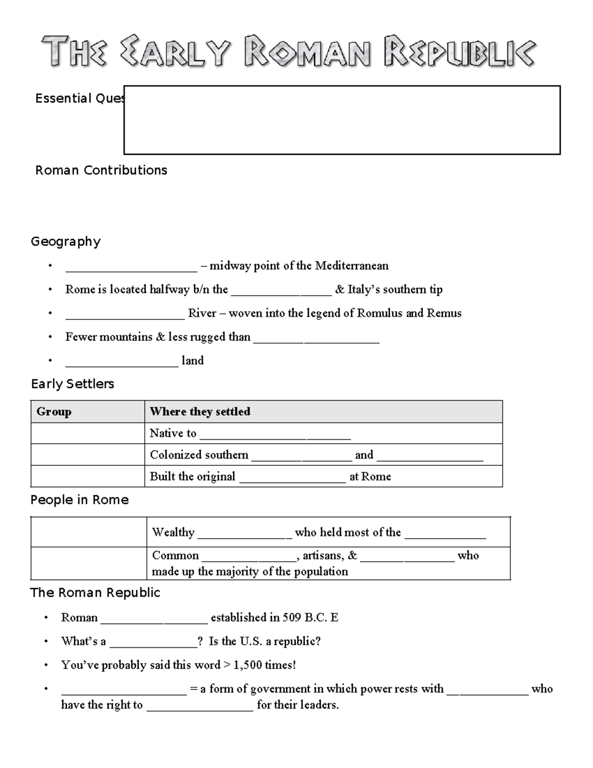 01 - Early Rome Guided Notes Page - Essential Question Roman ...