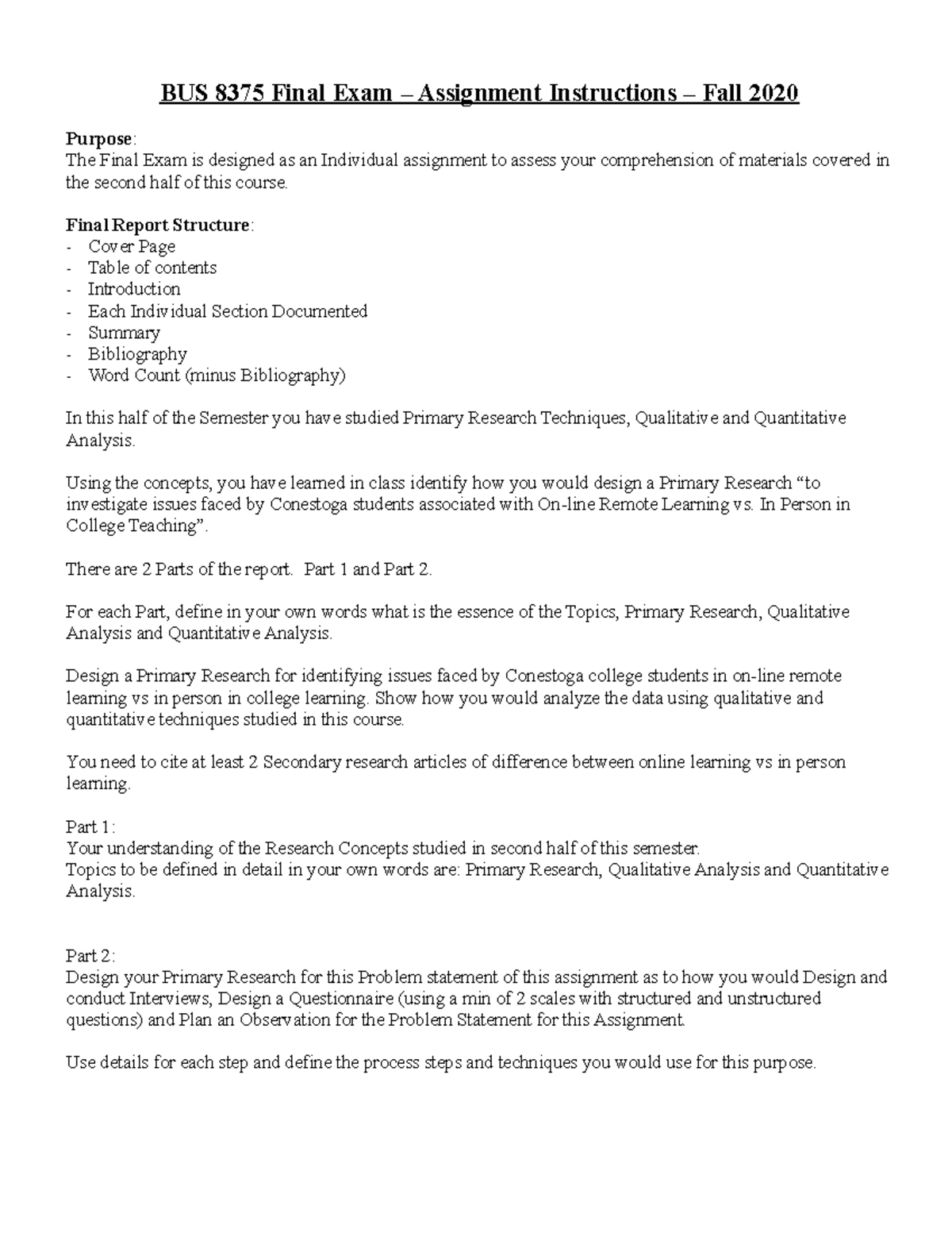 BUS 8375 - Final EXAM Instructions - Alternate Exam - BUS 8375 Final ...