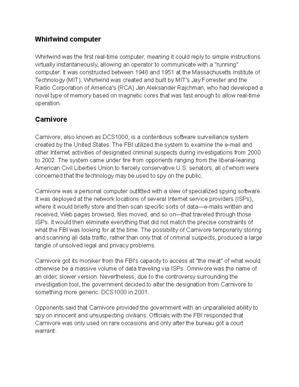 Whirlwind computer and Carnivore - Whirlwind computer Whirlwind was the ...