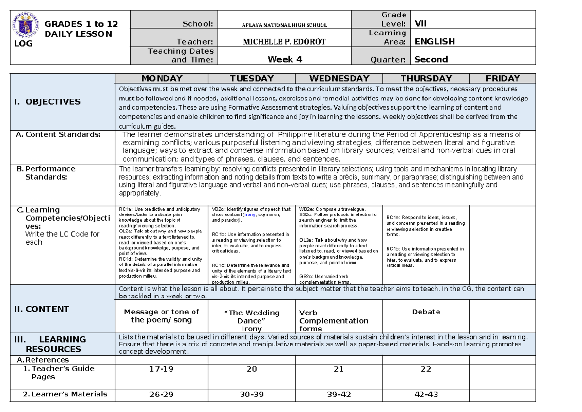 DLL 2nd Quarter wk4 - ict css 10 - GRADES 1 to 12 DAILY LESSON LOG School: APLAYA NATIONAL HIGH ...