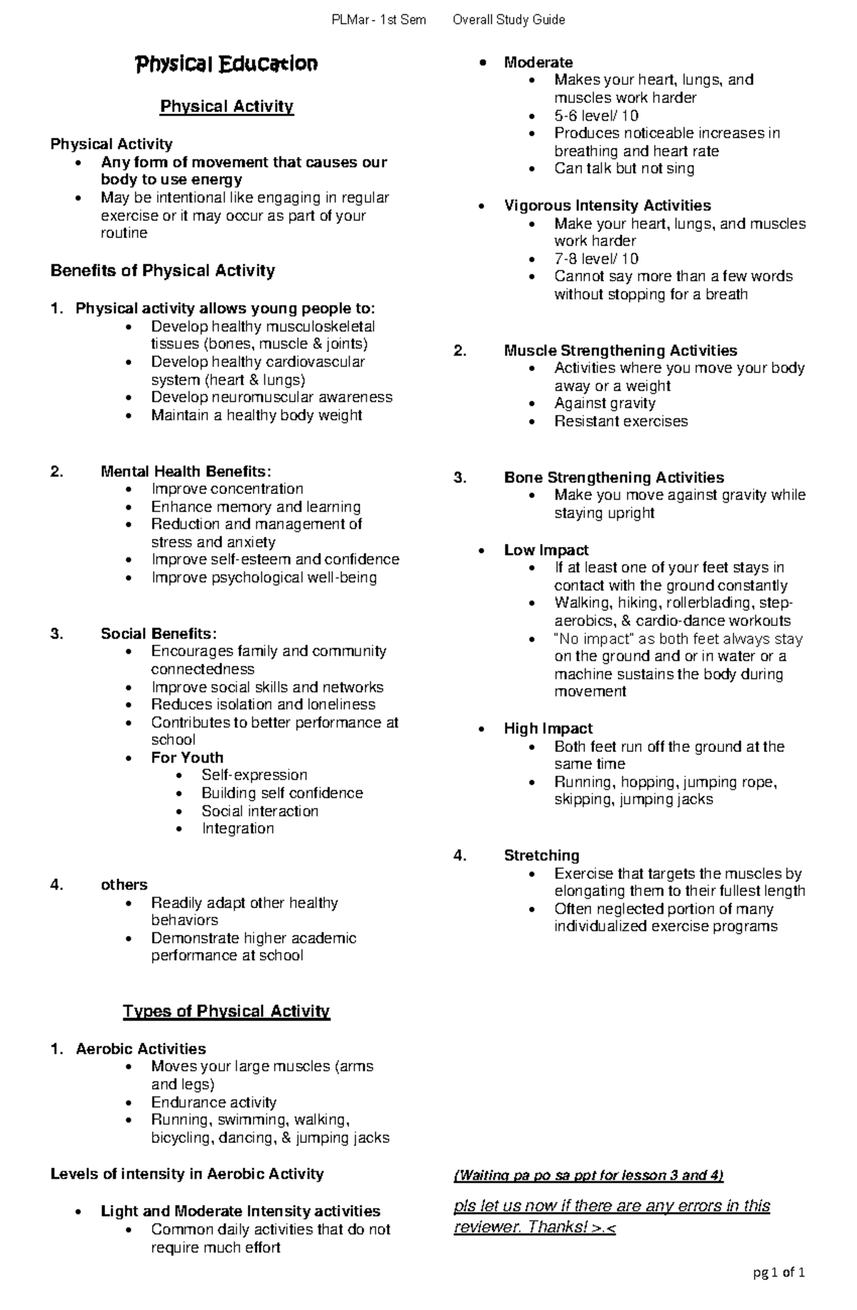 Plmar Physical Education 1st Sem Midterms Overall Study Guide - Abygael ...