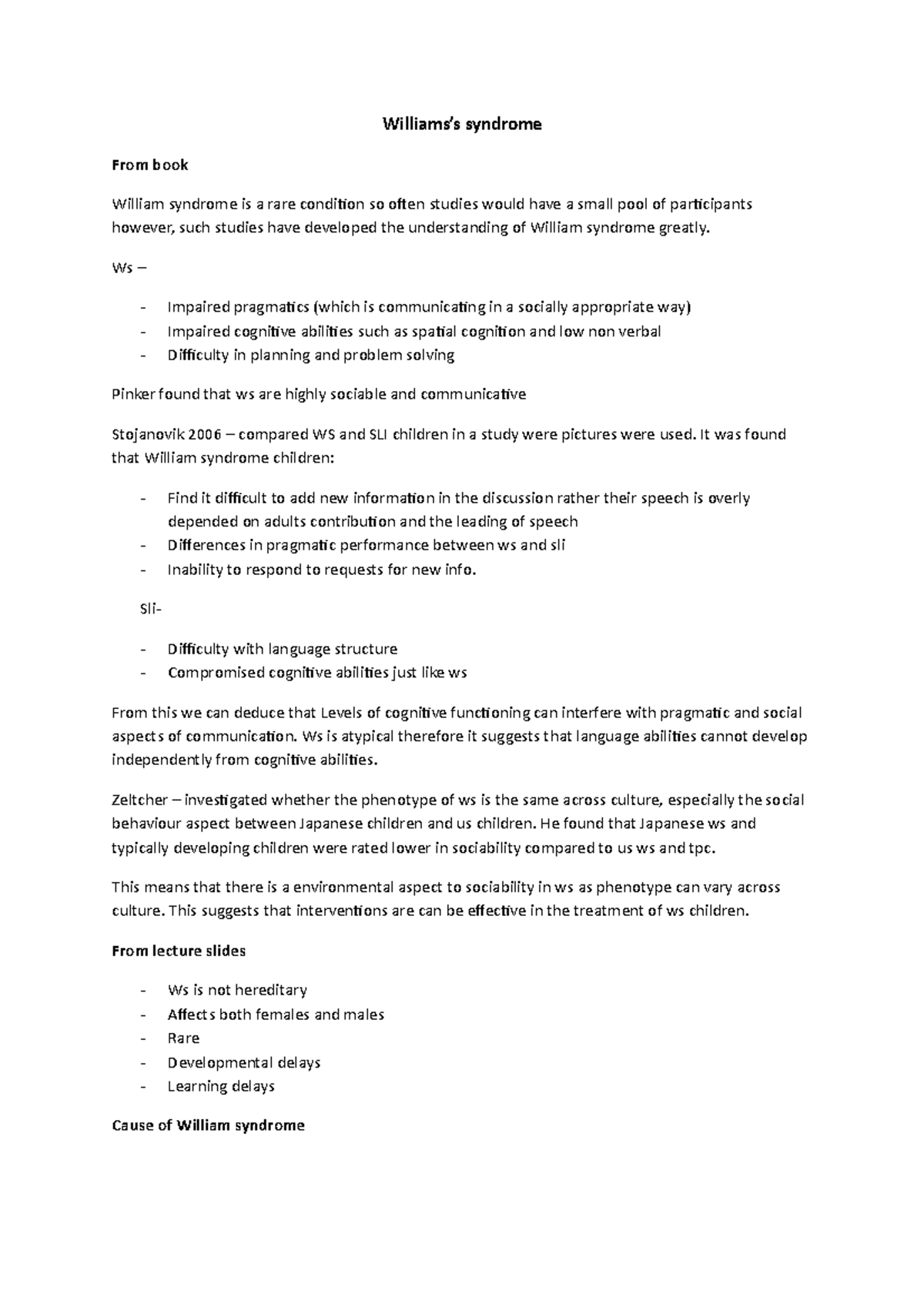 Williams syndrome notes - Williams’s syndrome From book William ...