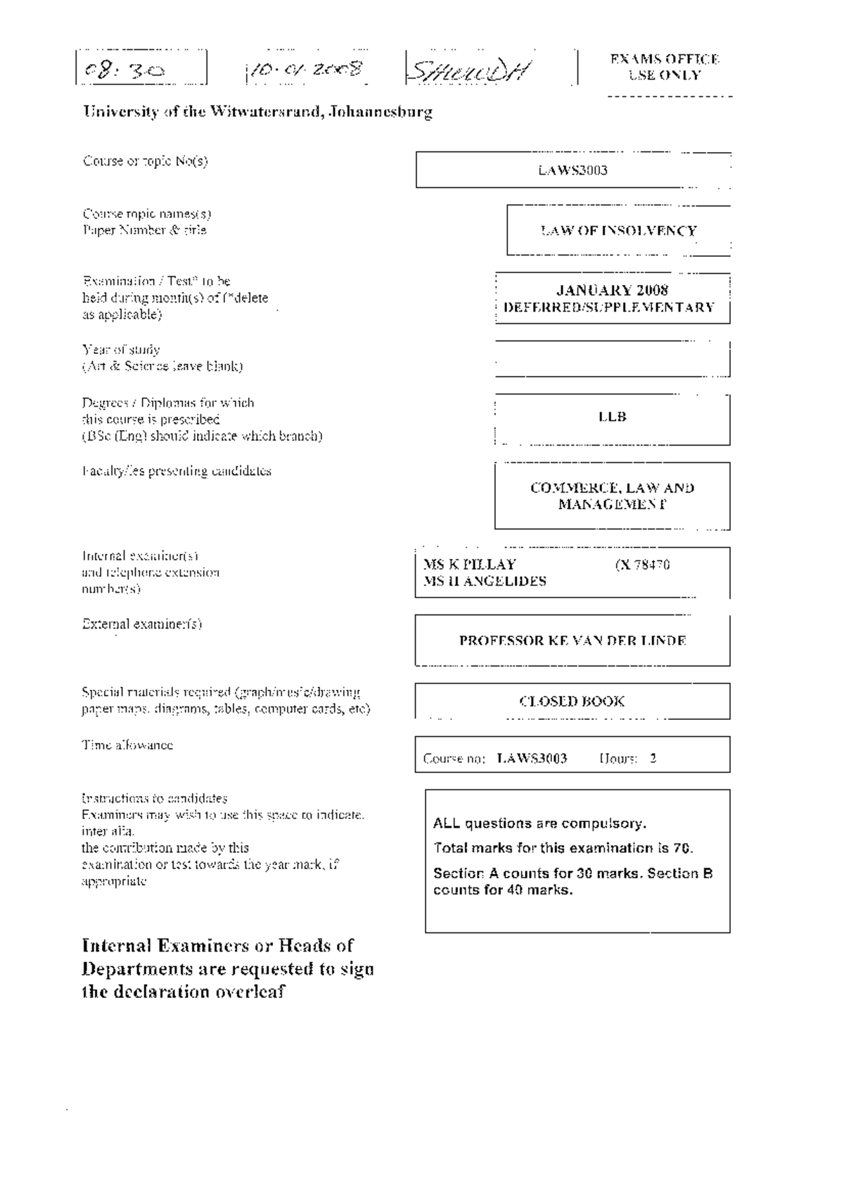 LAWS3003 - This is a past exam paper that was written by wits students ...