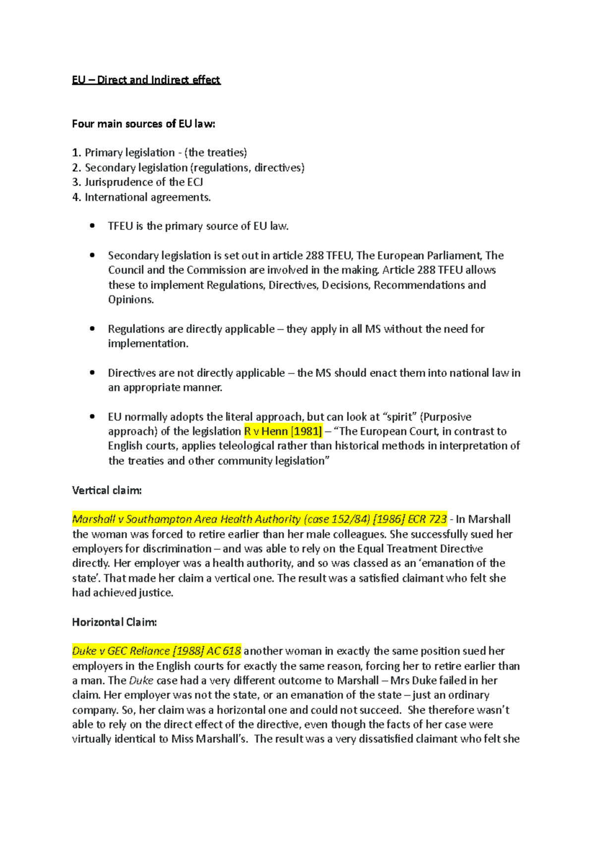 Eu Revision Indirect And Direct Effect Eu Direct And Indirect Efect Four Main Sources Of