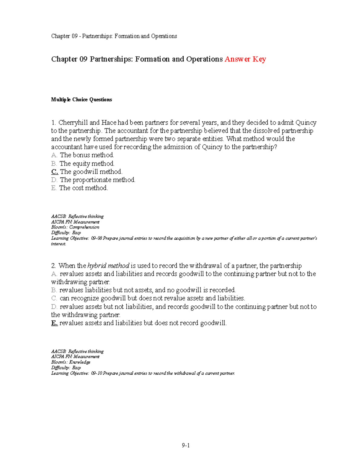 Chapter 9 Test Bank Answerke - Chapter 09 Partnerships: Formation and ...