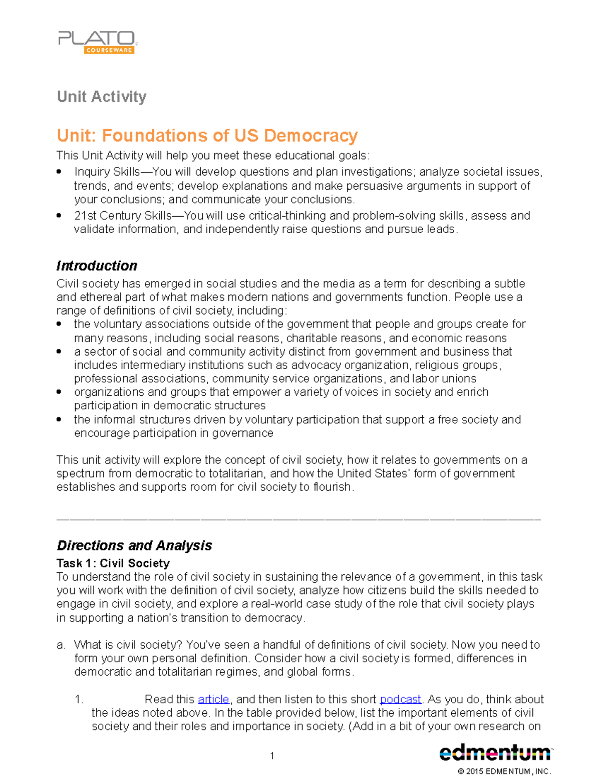 A1 Foundations of US Democracy UA - Unit Activity Unit: Foundations of ...