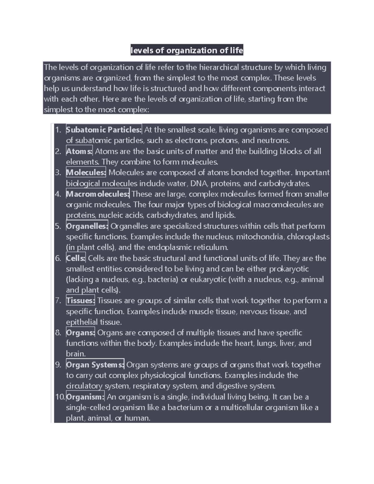 BIO100-module 2 - notes - levels of organization of life The levels of ...