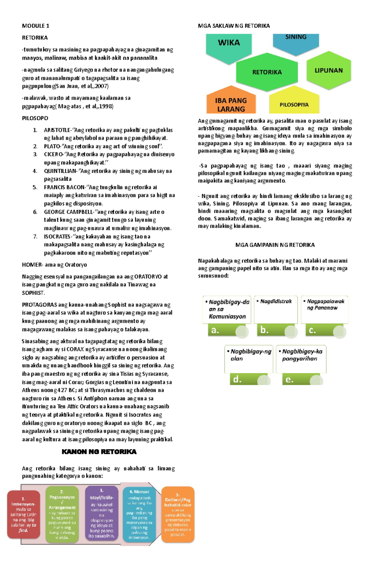Module 1 to 3MNP reviewer - MODULE 1 RETORIKA -tumutukoy sa masining na ...