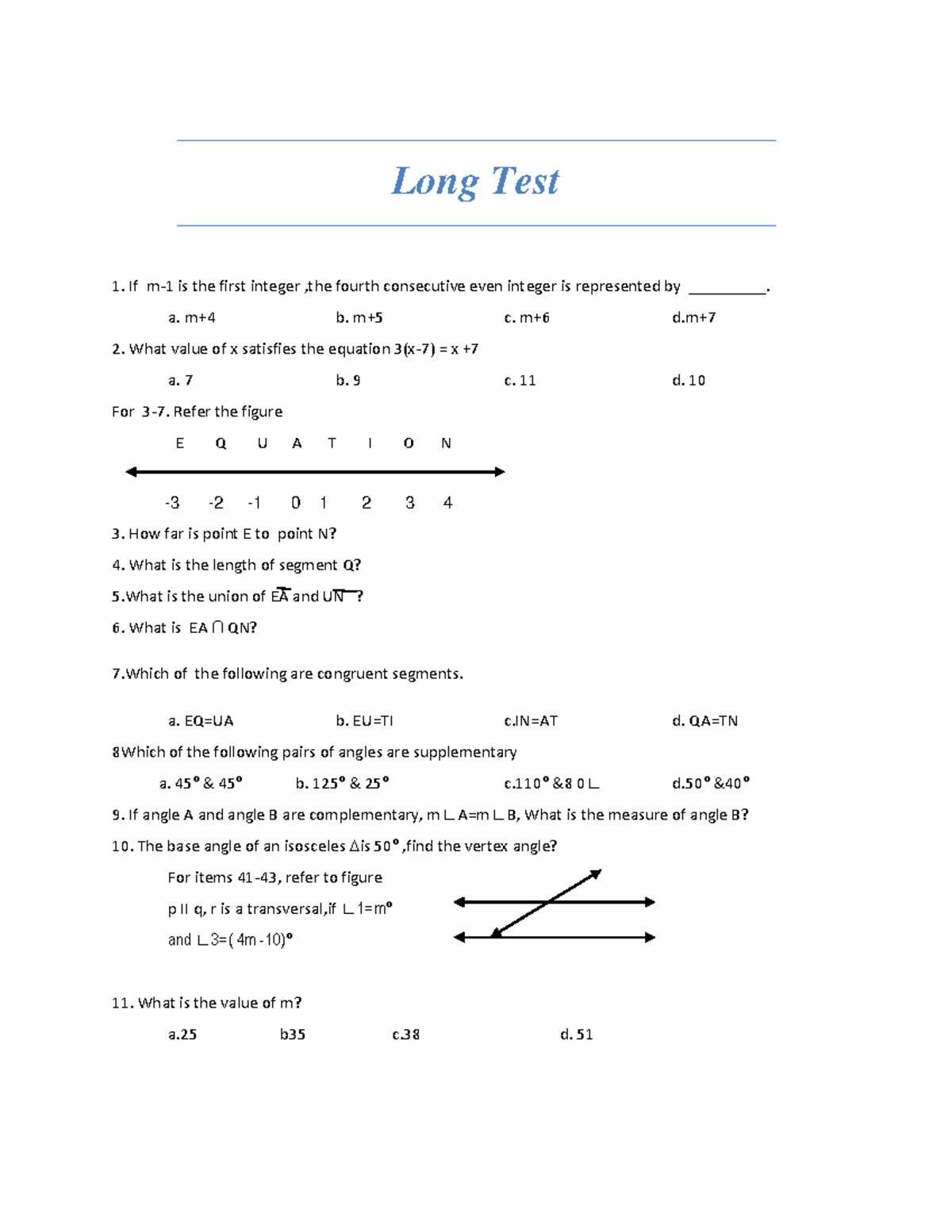 Sample Pre-final Test Mathematics Grade 7 - Long Test If m-1 is the ...