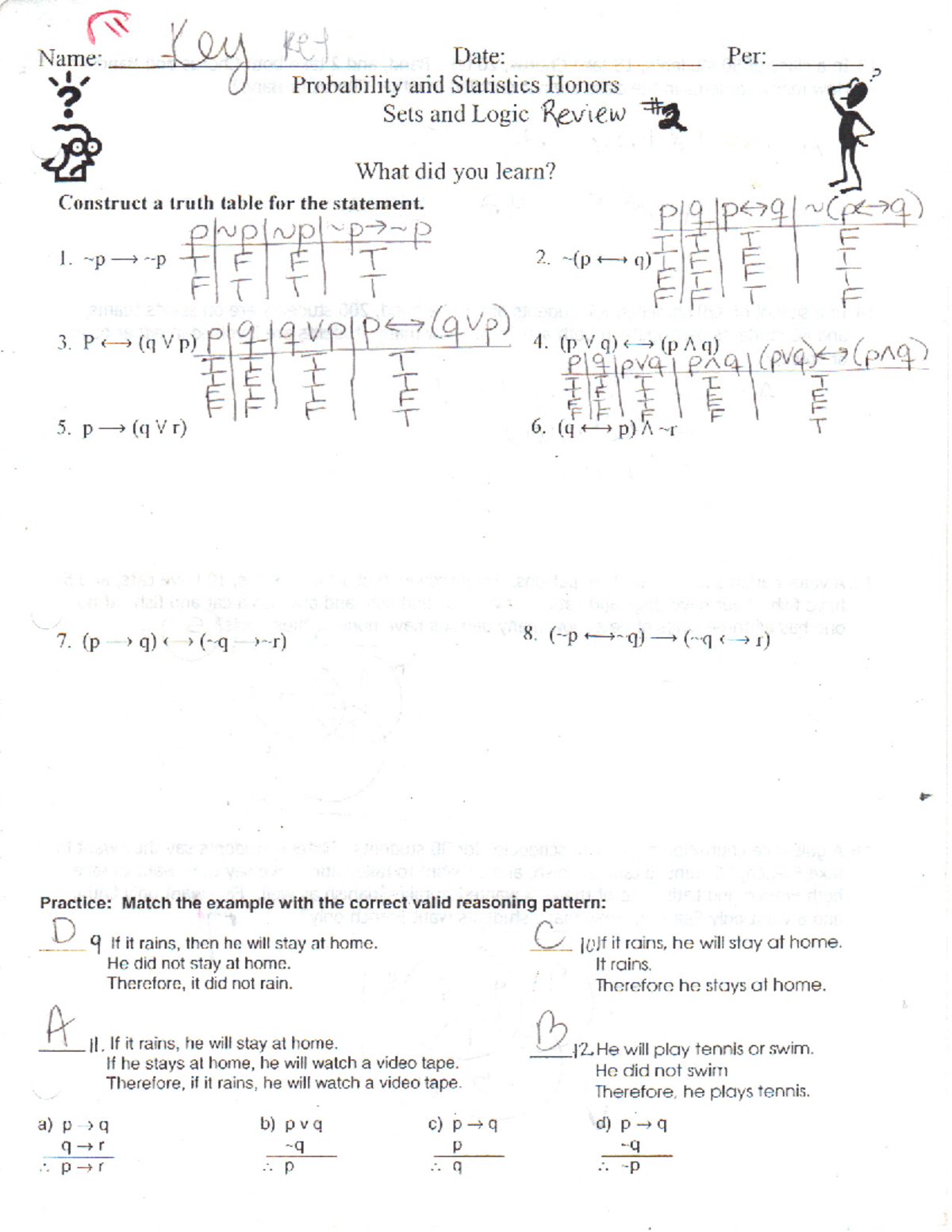 Sets and Logic Review Answers - E Name: Key key Date: Per: Probability ...