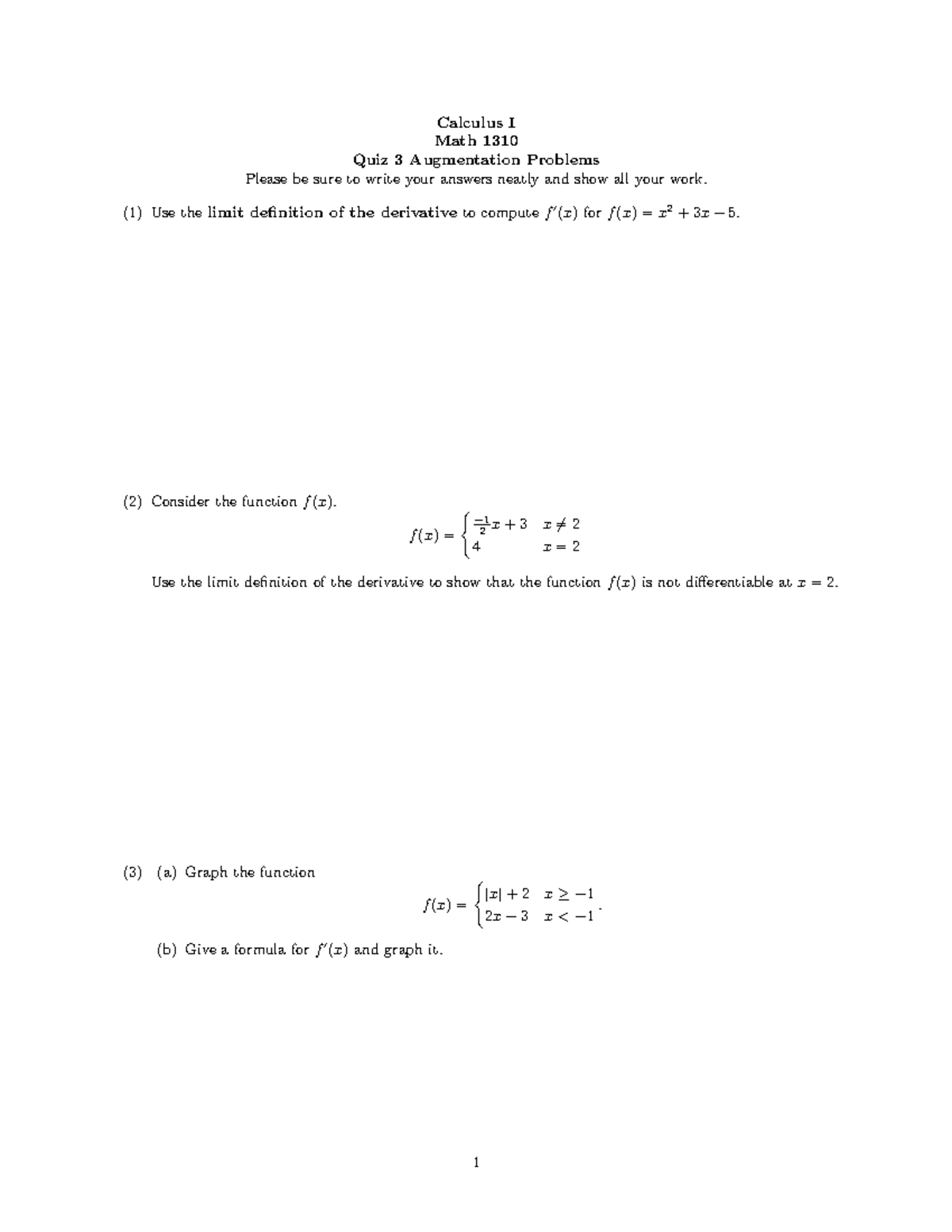 Quiz 3 EC Problems - Calculus I Math 1310 Quiz 3 Augmentation Problems ...