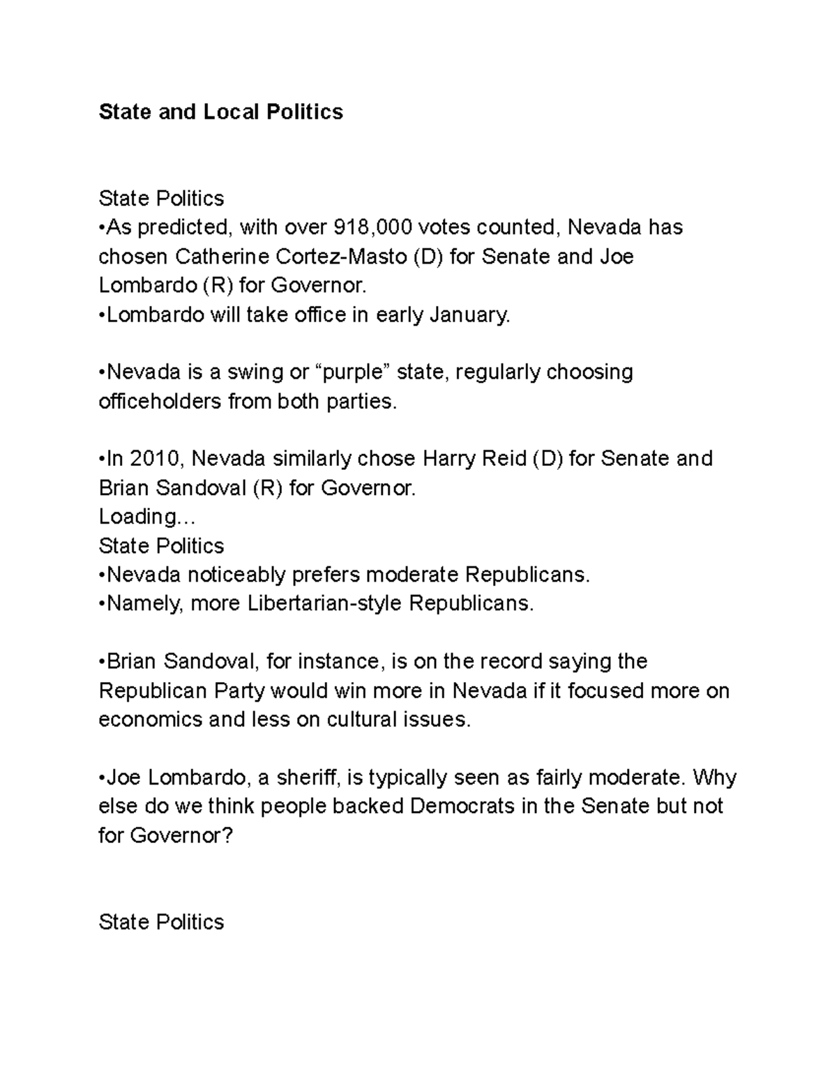 State and Local Politics - State and Local Politics State Politics •As ...