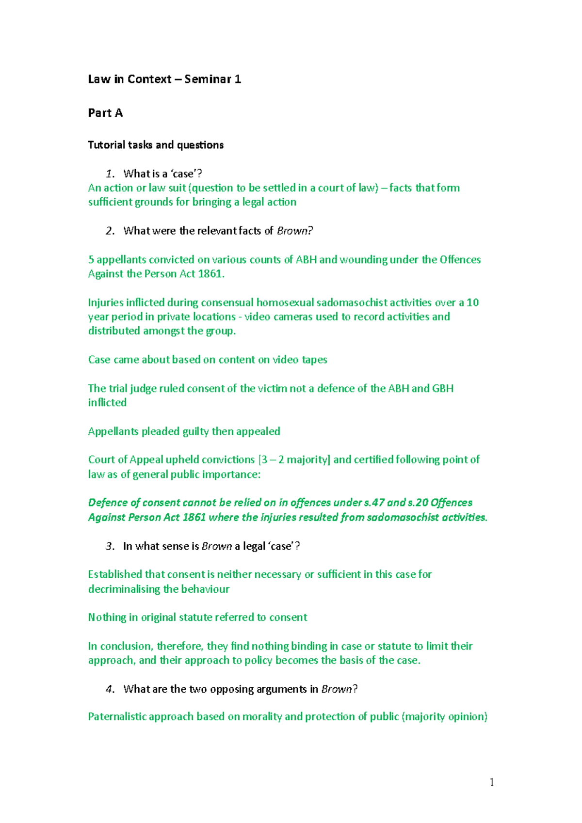 Seminar 1 notes - understanding statutes and cases - Law in Context ...