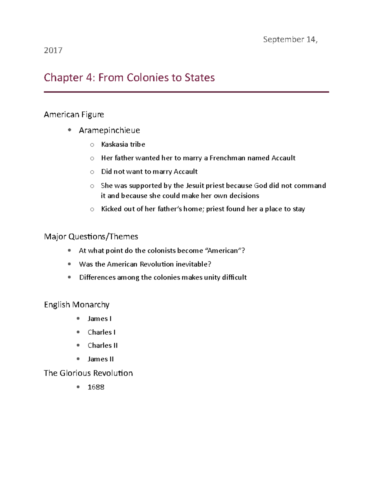 Chapter 4 Notes - September 14, 2017 Chapter 4: From Colonies to States ...