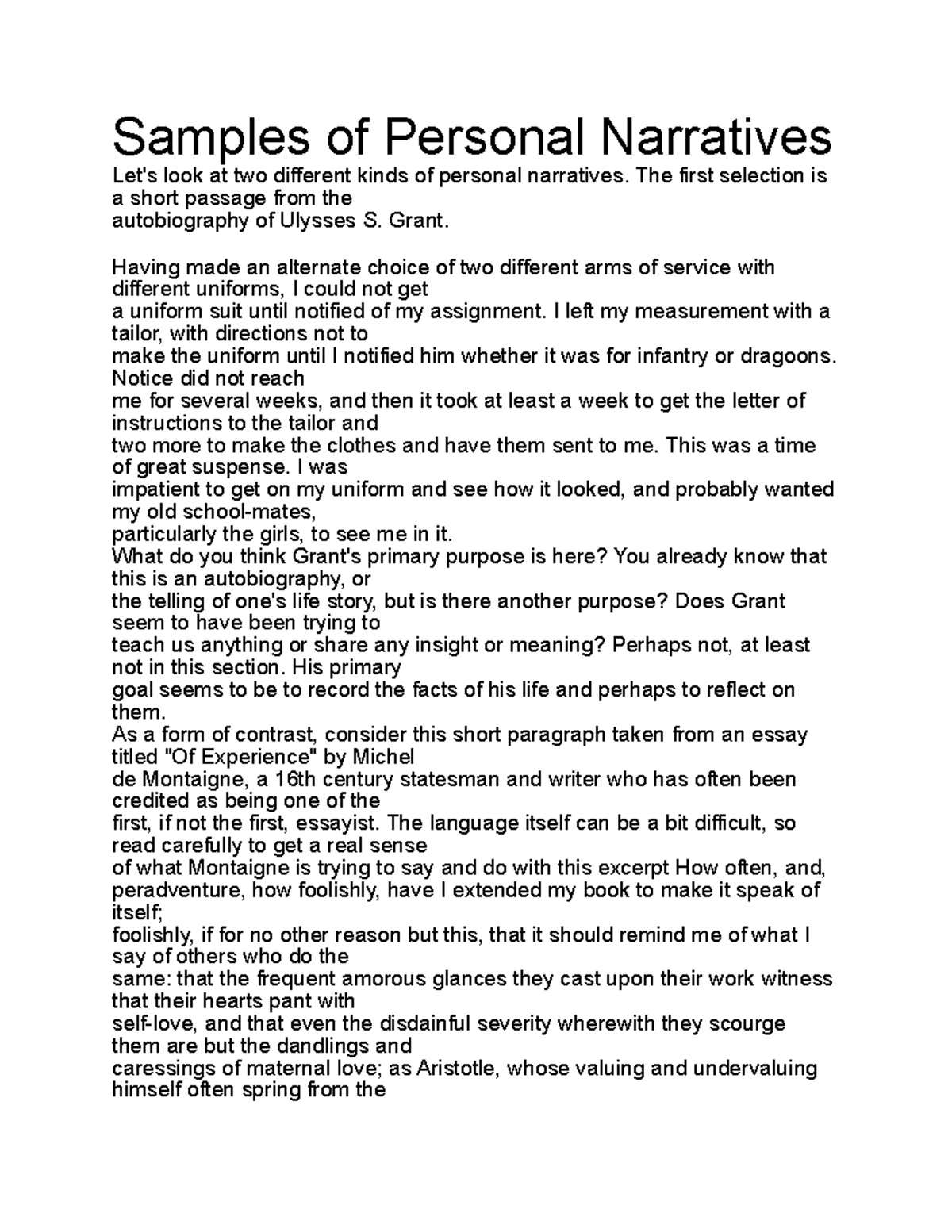 Samples of Personal Narratives - The first selection is a short passage ...