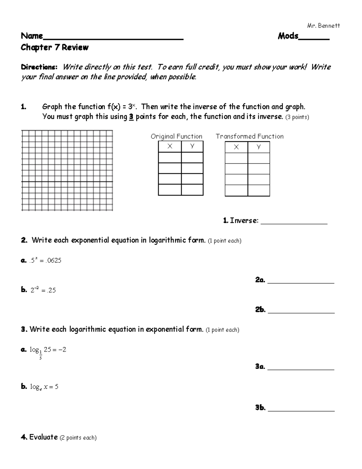 Chapter 7 Review - Mr. Bennett Name___________________________ Mods ...