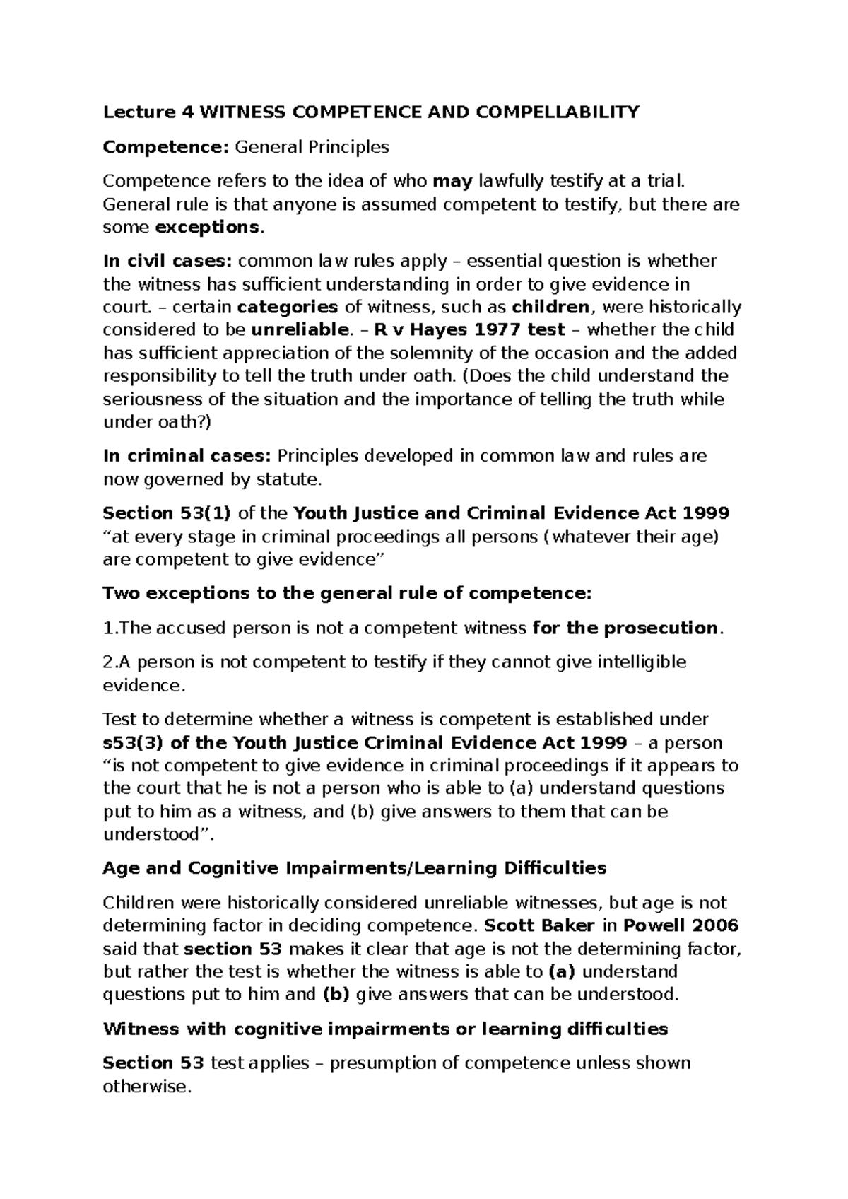 Evidence notes - Lecture 4 WITNESS COMPETENCE AND COMPELLABILITY ...