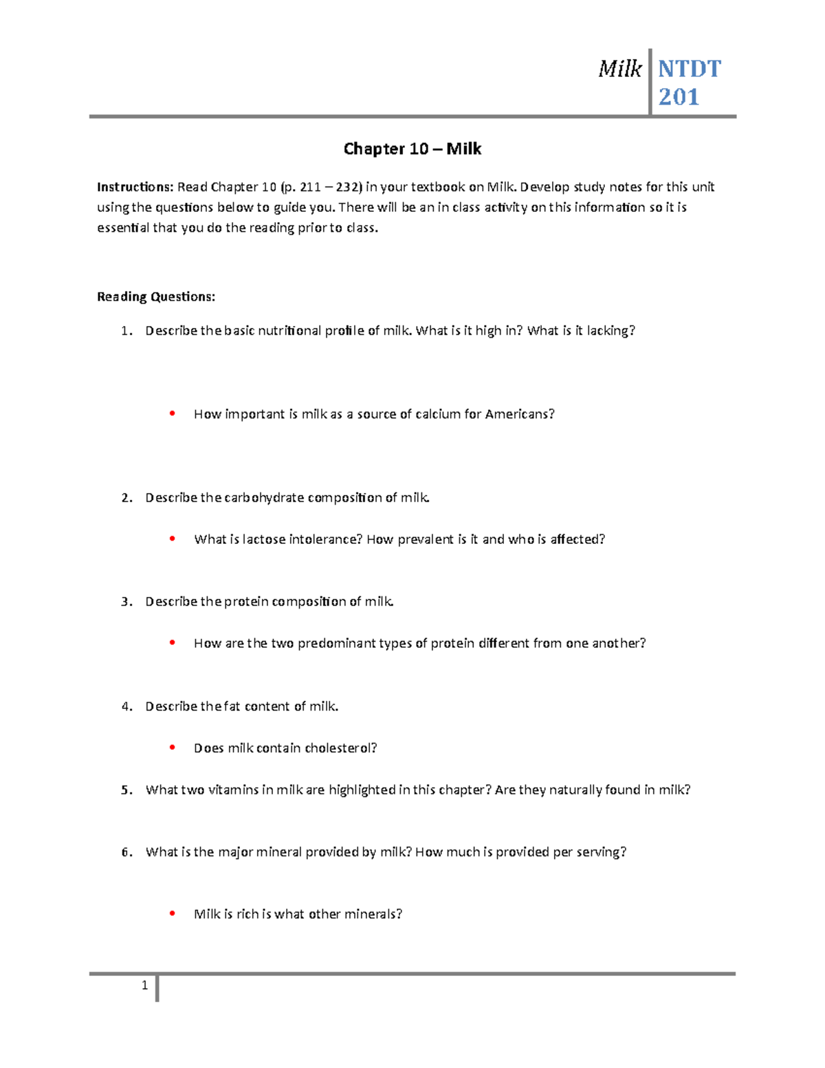 14 Milk reading questions - 201 Chapter 10 – Milk Instructions: Read ...