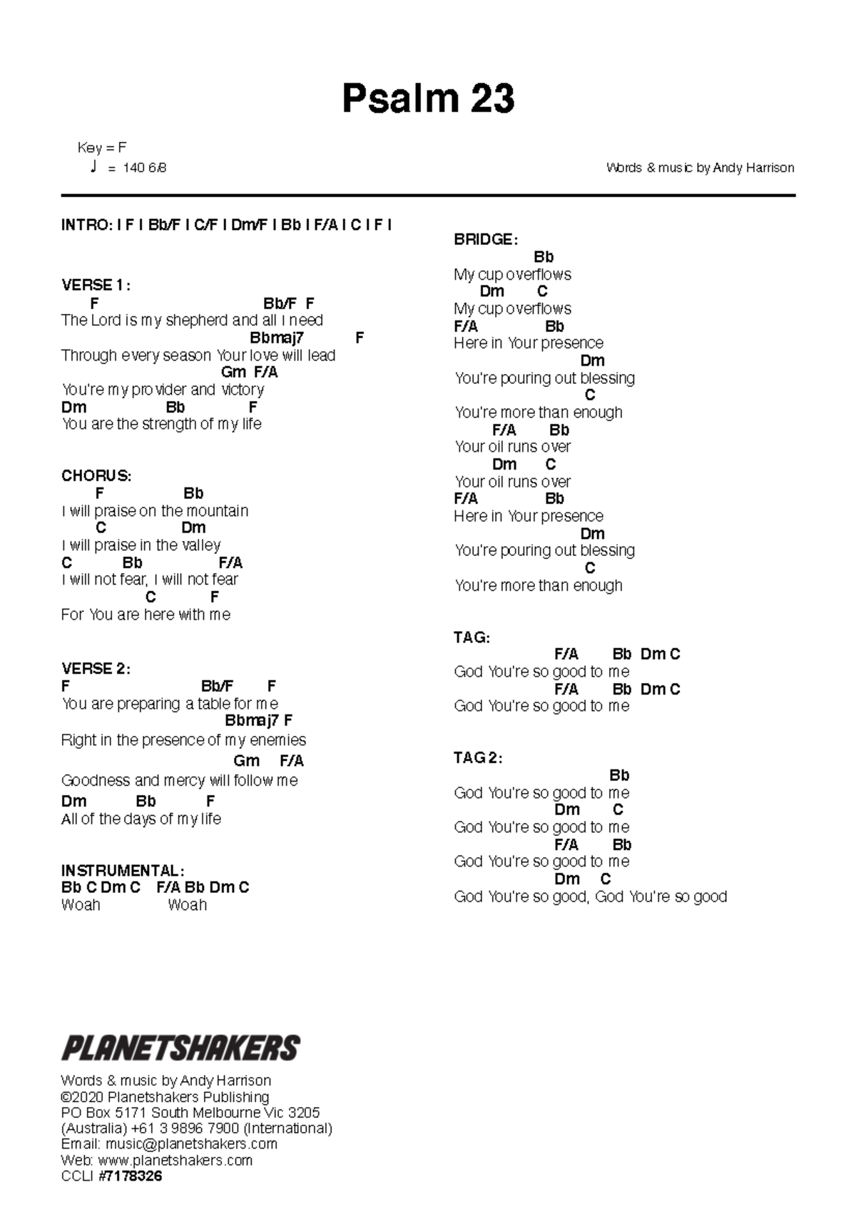 Chart 06 Psalm 23 - Psalm 23 Key = F ♩ = 140 6/8 Words & music by Andy ...