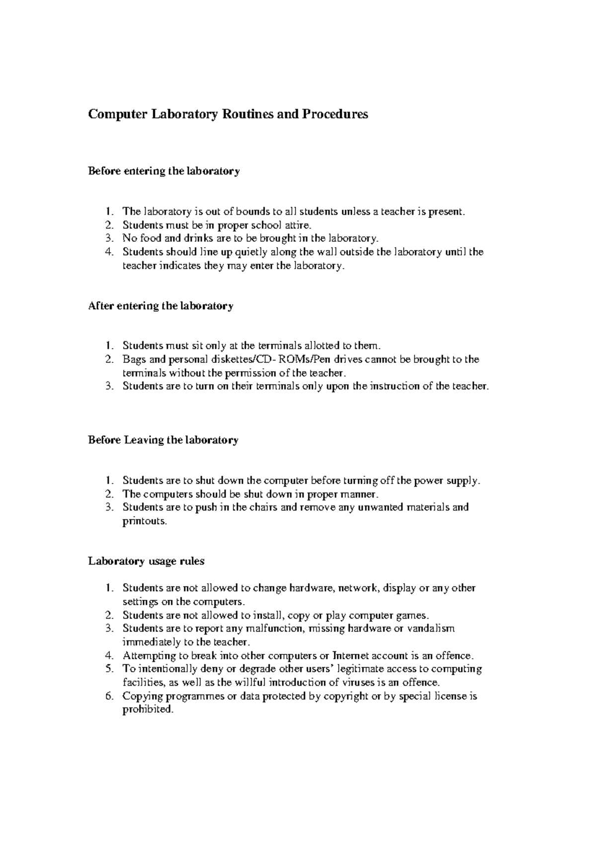 Computer Laboratory Routines and Procedures - Students must be in ...