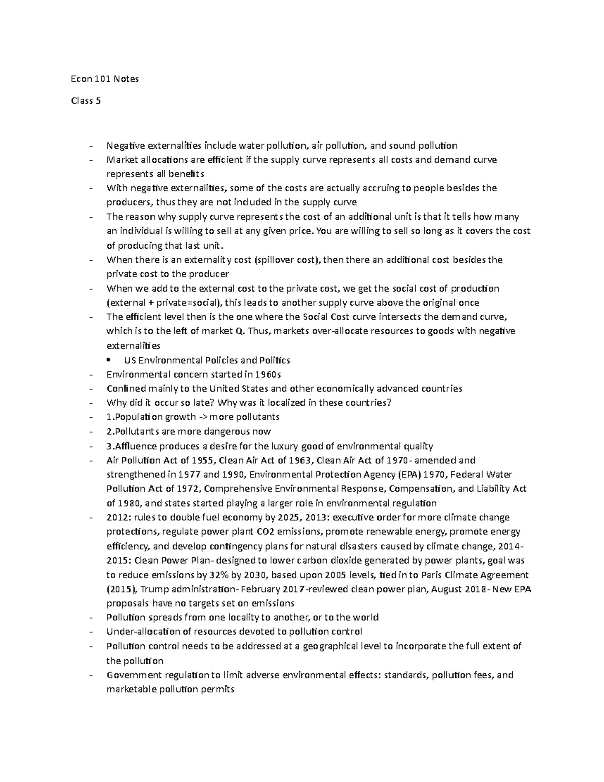 Econ 101 Notes 2 - Econ 101 Notes Class 5 - Negative externalities ...