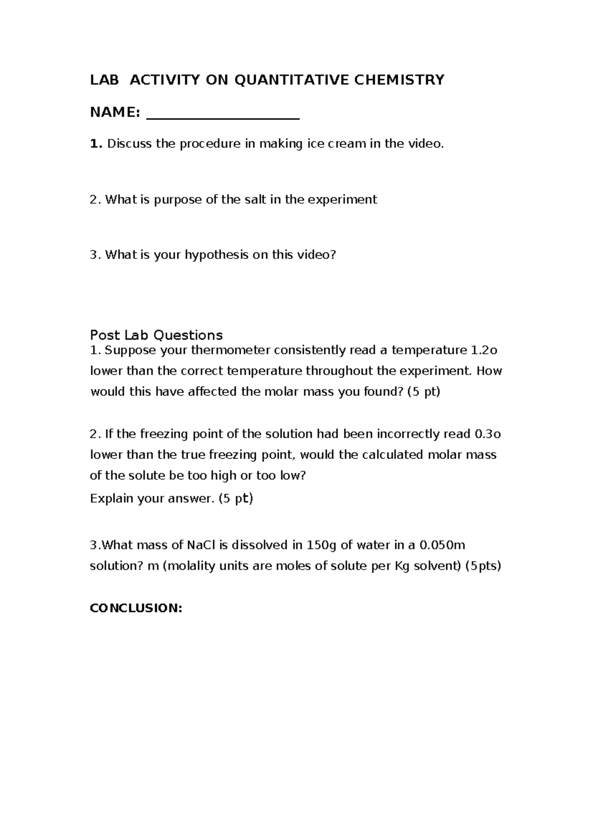 LAB Activity 1 ON Quantitative Chemistry - LAB ACTIVITY ON QUANTITATIVE ...