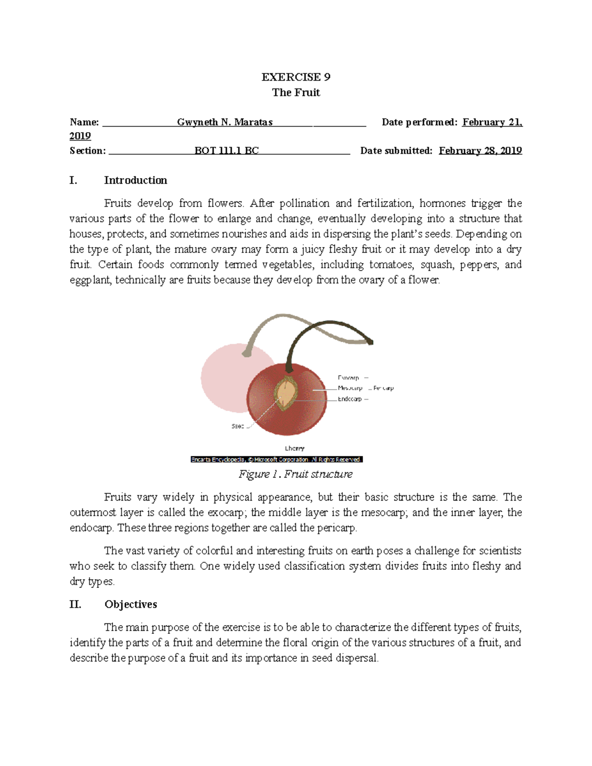 BOT 111.1 Lab exercise 9 - EXERCISE 9 The Fruit Name: Gwyneth N ...