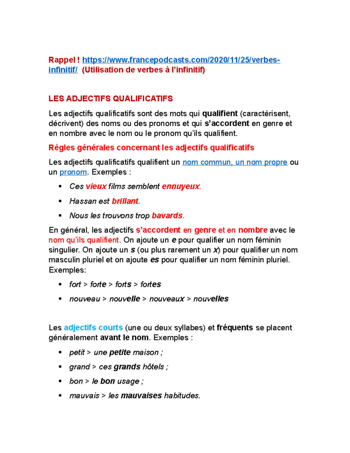 LES Adjectifs Qualificatifs complet - Rappel! francepodcasts/2020/11/25 ...