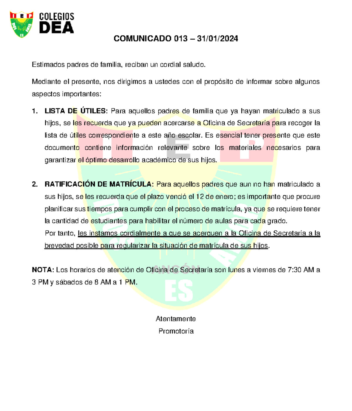 Comunicado 013 - Lista DE Útiles Y Ratificación DE Matrícula - COMUNICADO 013 – 31 /01/202 4 ...