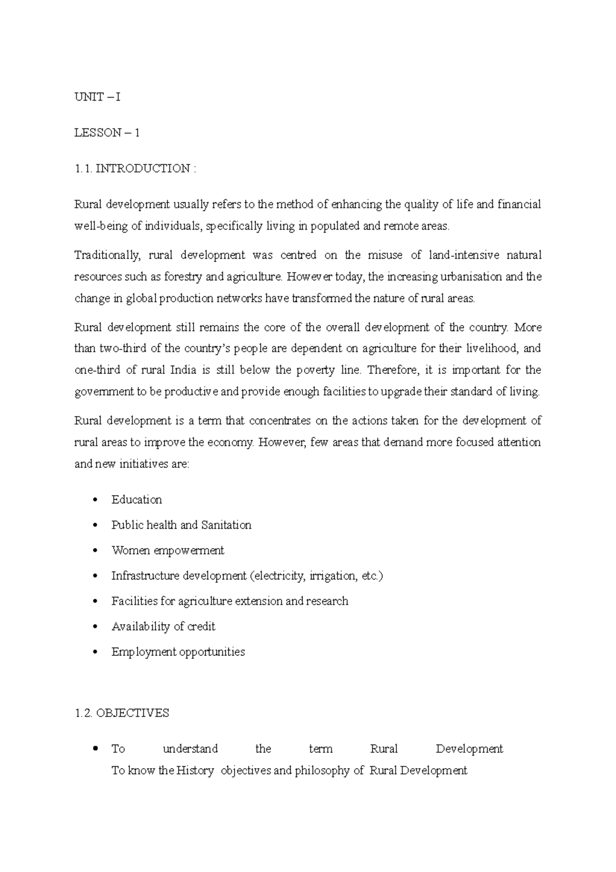 UNIT1,2,3-1 - Lecture notes on Rural developeme t - UNIT – I LESSON – 1 ...