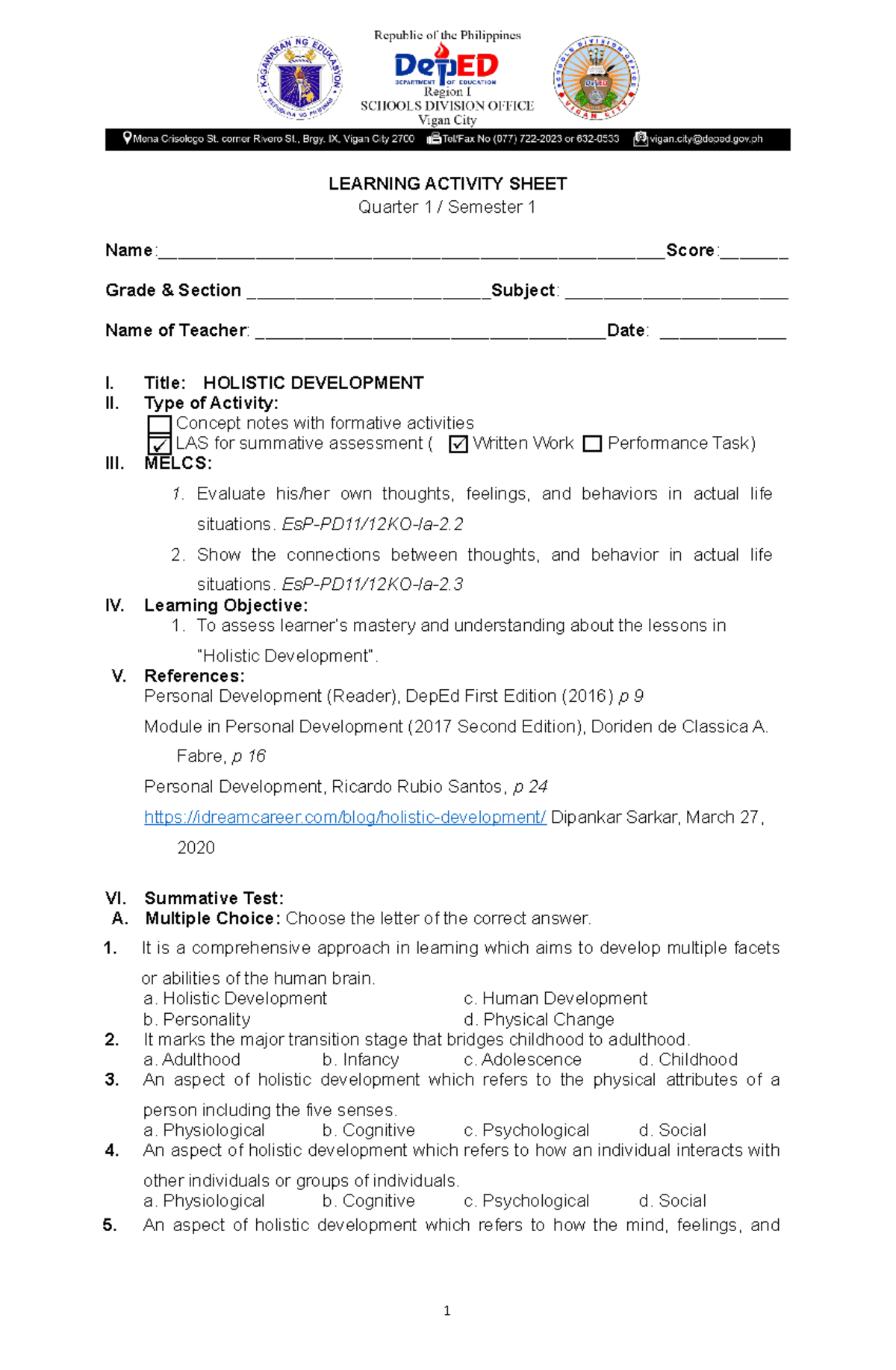 Perdev Q1WK2 Summative - LEARNING ACTIVITY SHEET Quarter 1 / Semester 1 Name - Studocu