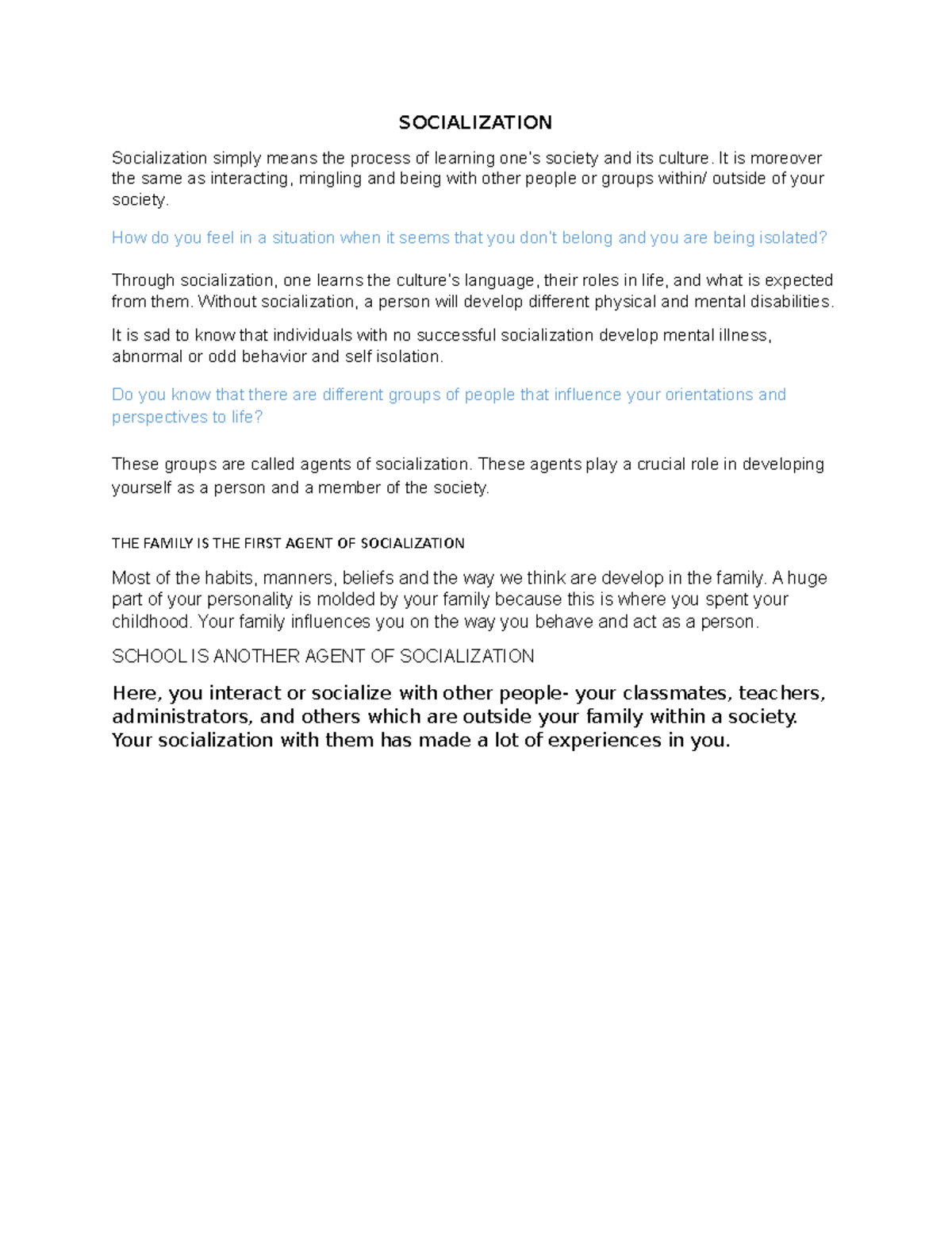 Socialization - UCSP lesson - SOCIALIZATION Socialization simply means ...