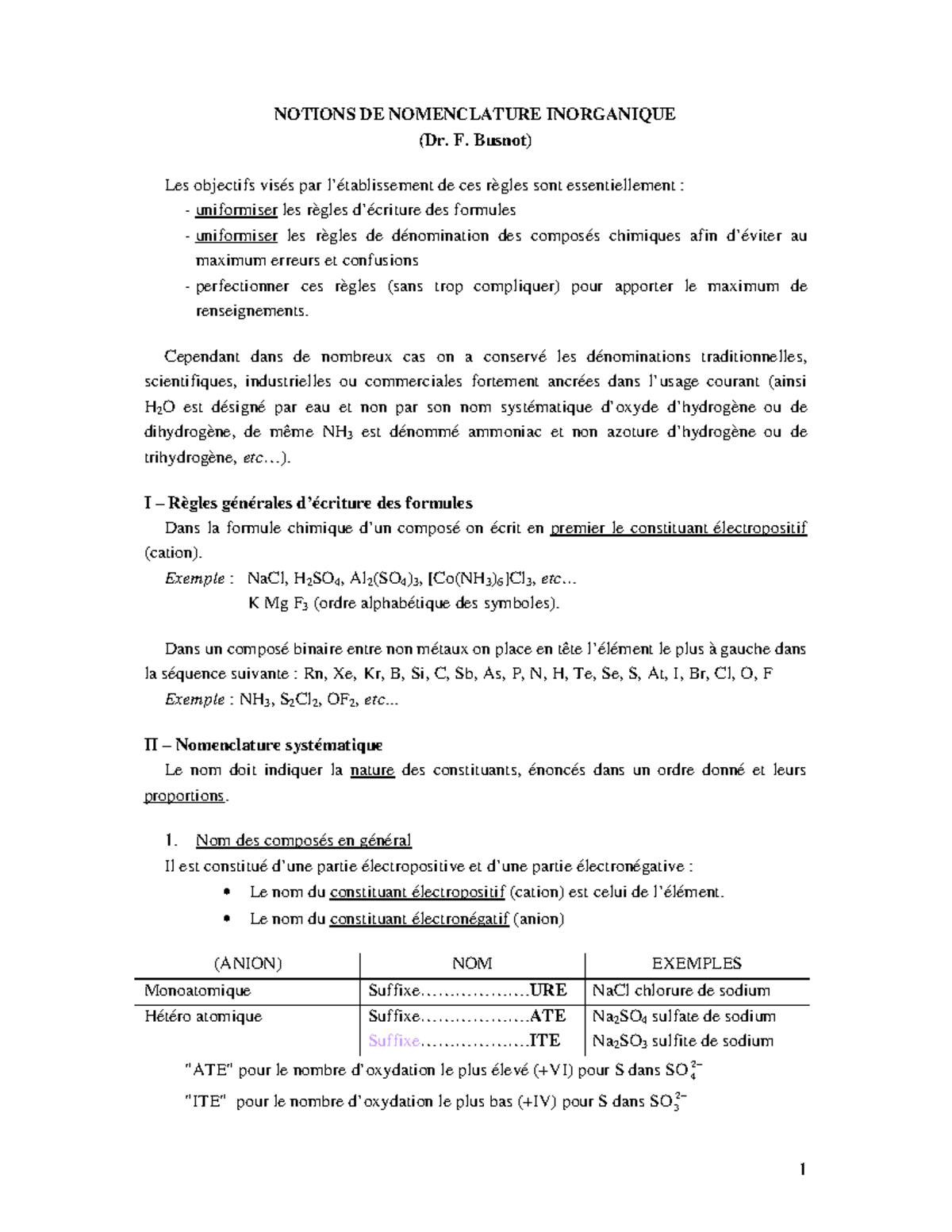Notions de Nomenclature Inorganique - 1 NOTIONS DE NOMENCLATURE ...