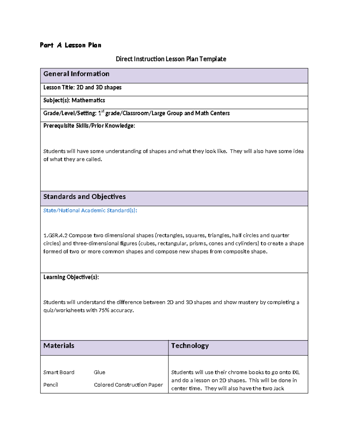 LMM2 Task 1a - Math Methods Lesson plan - Part A Lesson Plan Direct Instruction Lesson Plan ...