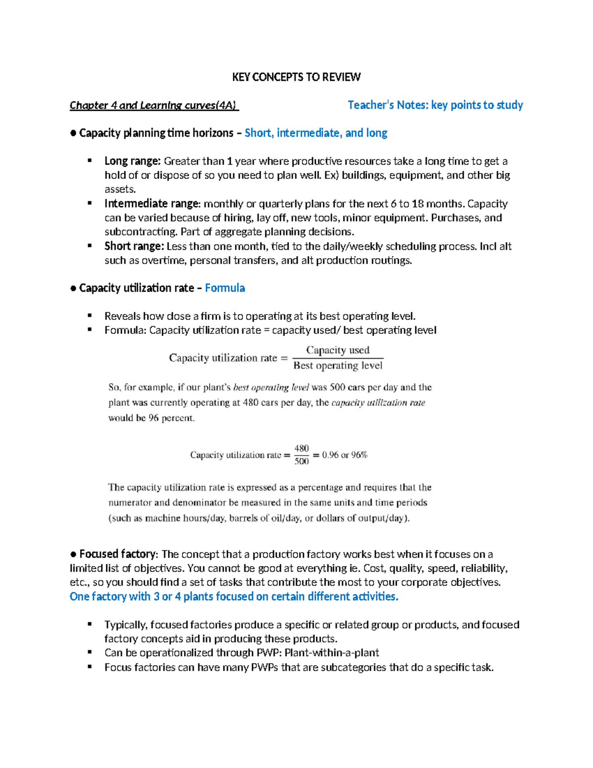 OPMA exam 2 review - KEY CONCEPTS TO REVIEW Chapter 4 and Learning ...