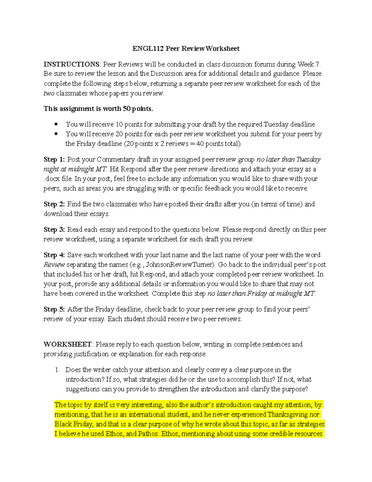 Week 7 ENGL 112 Peer Review Worksheet Bahareh Review Dang Giap Nguyen ...