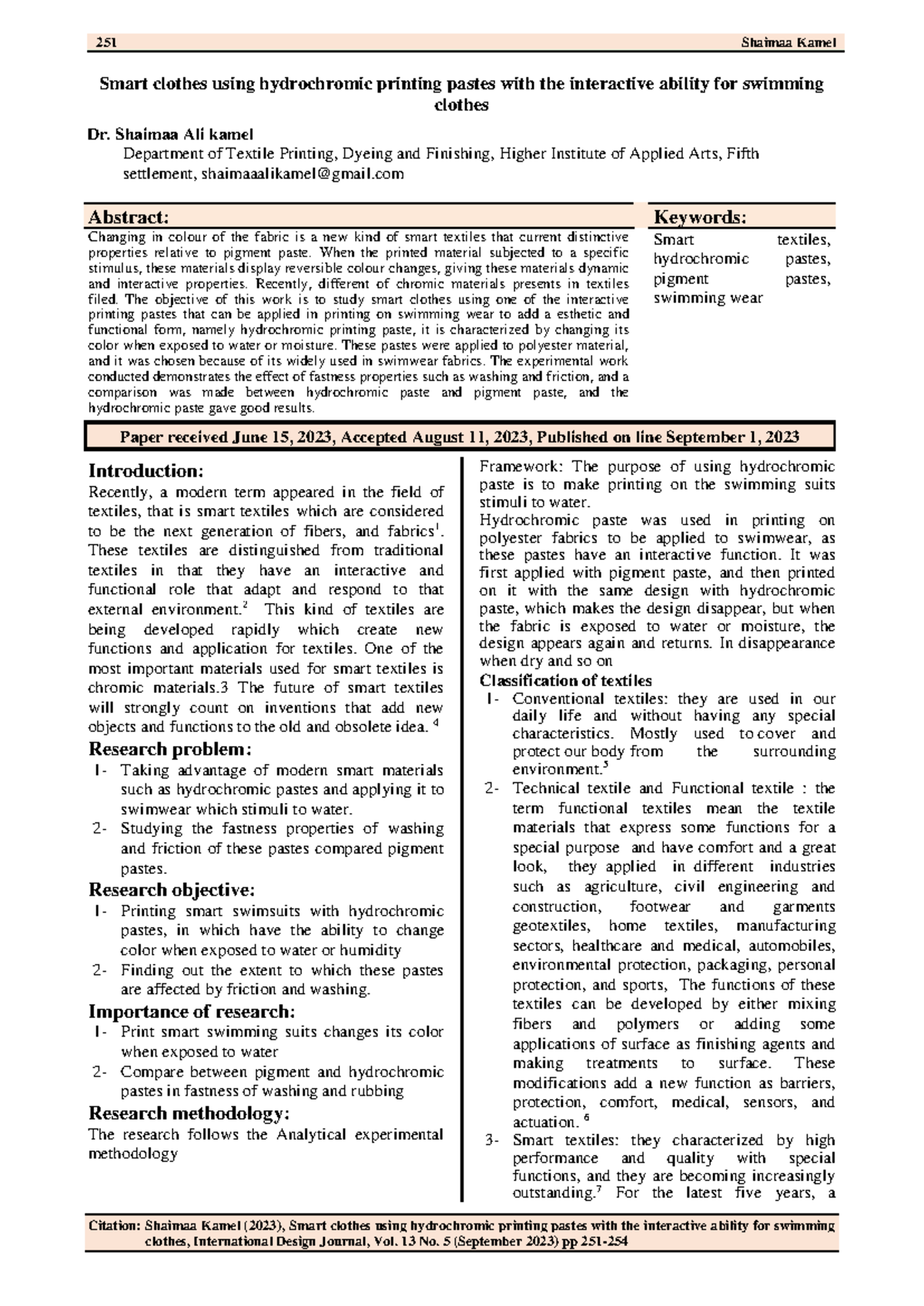 IDJ Volume 13 Issue 5 Pages 251-254 - 251 Shaimaa Kamel Citation: Shaimaa Kamel (2023), Smart ...