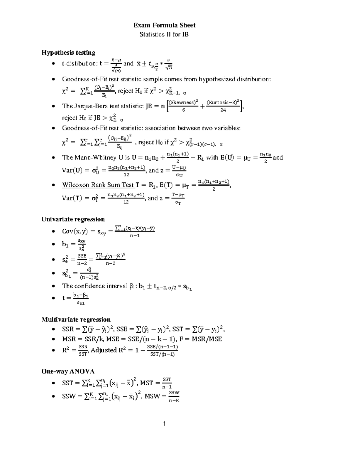 Exam Formula Sheet - Exam Formula Sheet Statistics II for IB 1 ...