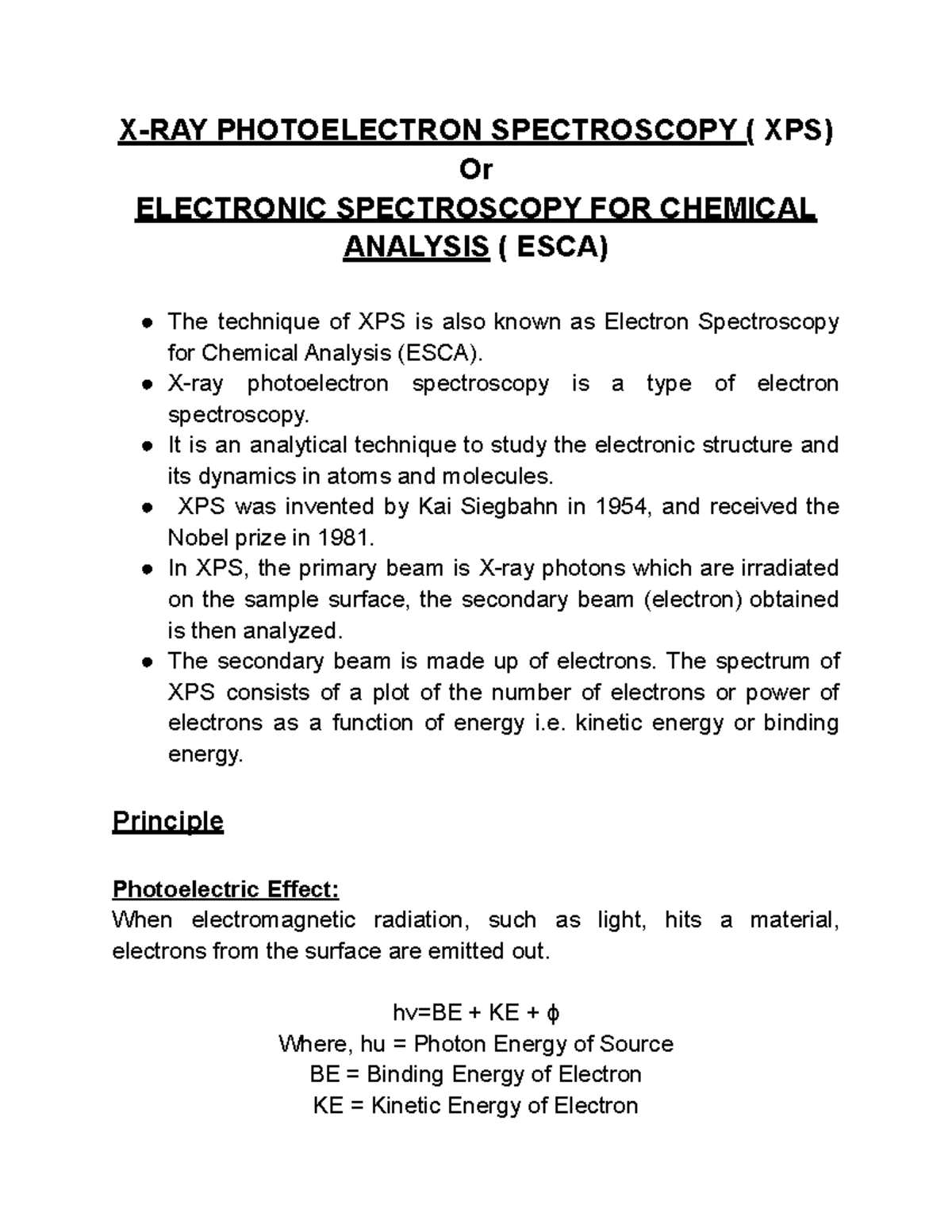 Instrumentation ESCA - X-RAY PHOTOELECTRON SPECTROSCOPY ( XPS) Or ...