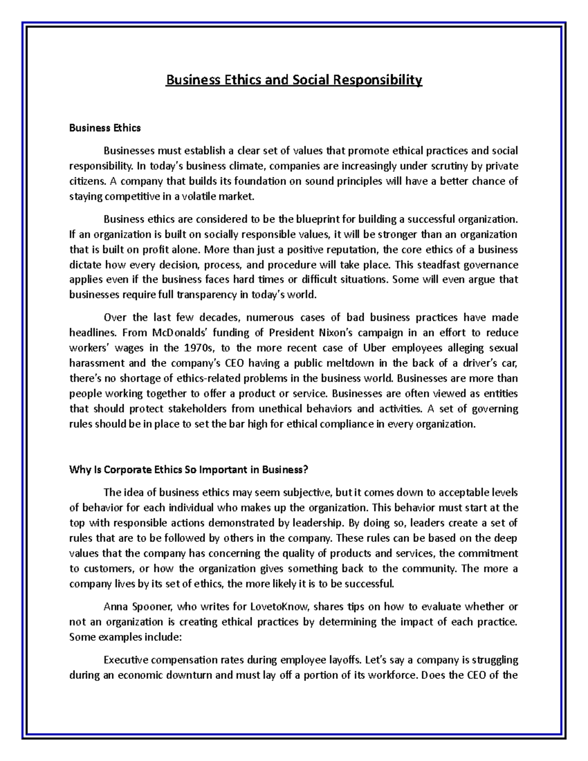 Business Ethics and Social Responsibility - In today’s business climate ...