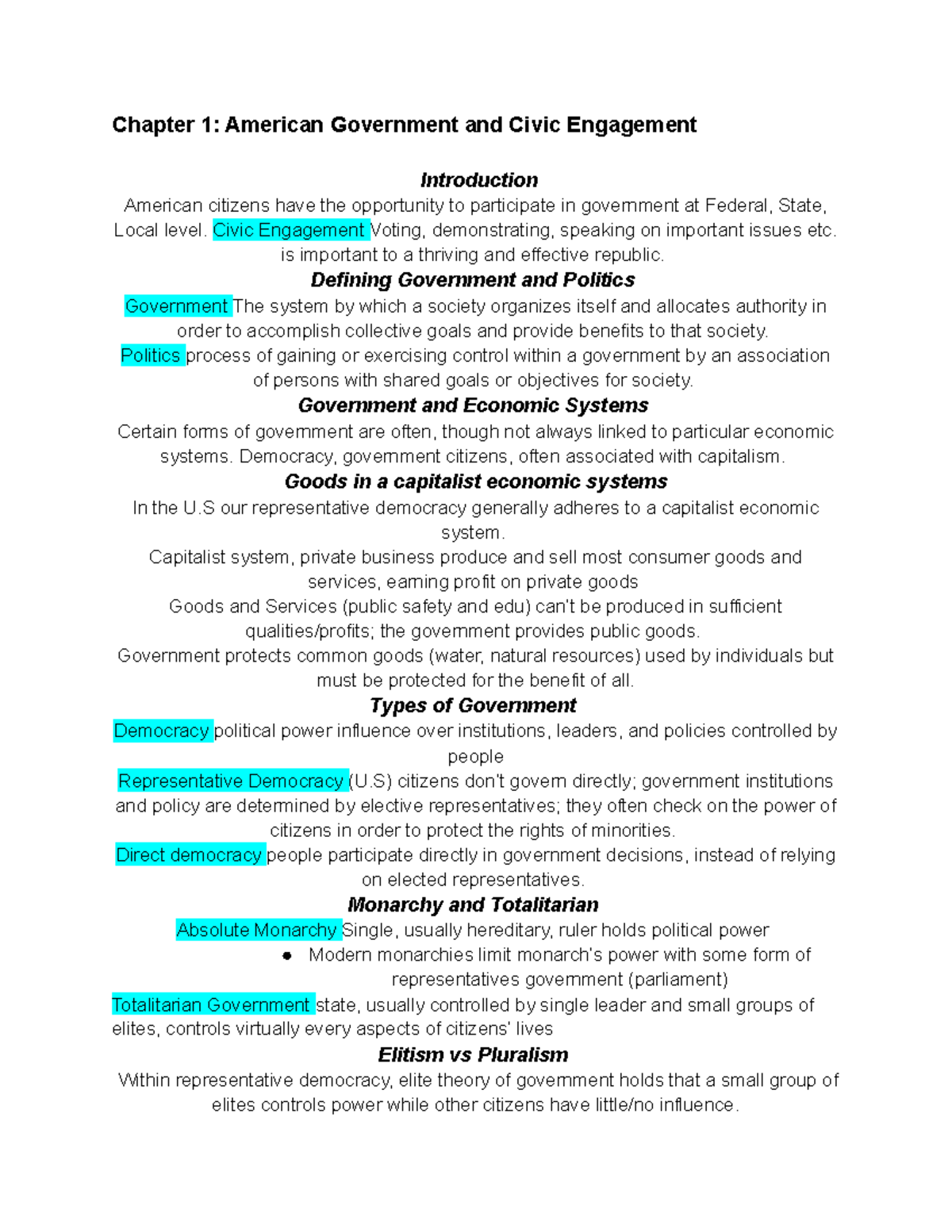 Lecure notes chapter 1 - Chapter 1: American Government and Civic ...