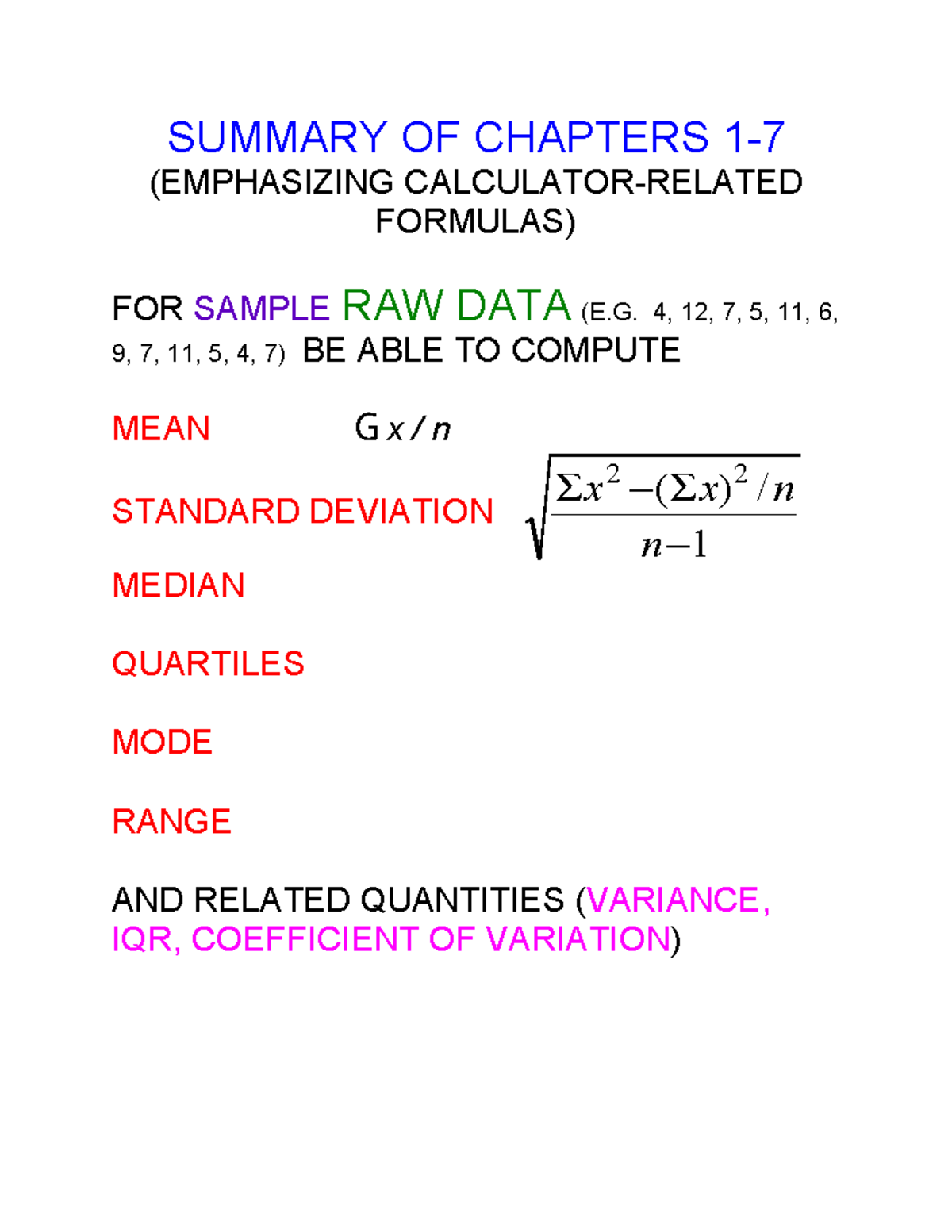 Summary OF Chapters 1-7 ( Emphasizing Calculator- Related Formulas ...
