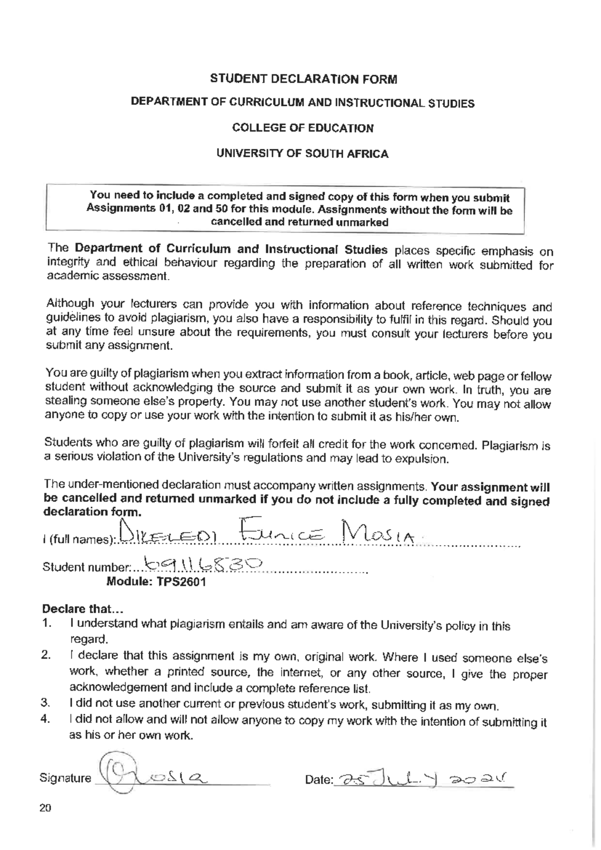 Tps ass - TPS ASSIGNMENT - STUDENT DECLARATION FORM DEPARTMENT OF CURRICULUM AND INSTRUCTIONAL ...