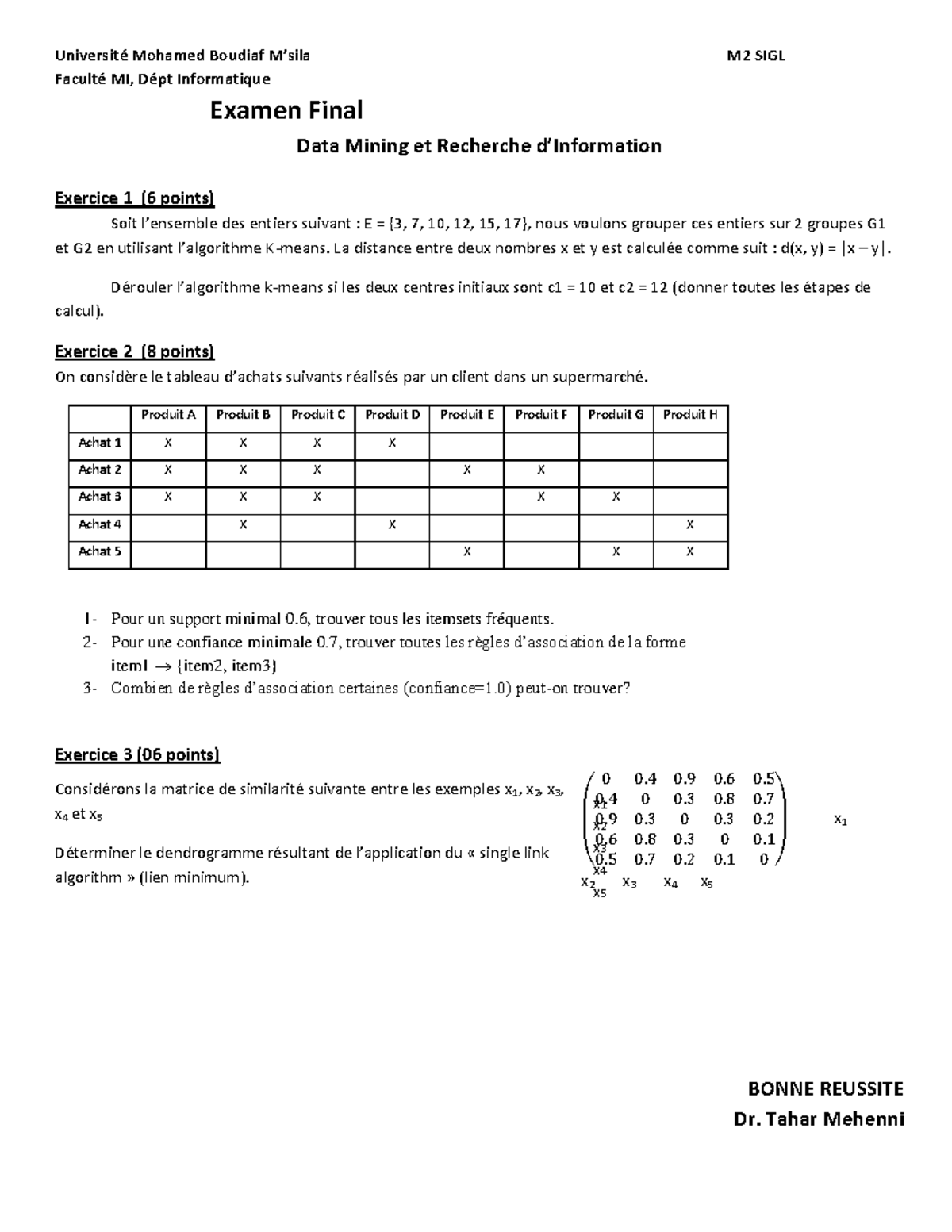01 - data mining et recherche d'information exercice corrigé - Université Mohamed Boudiaf M’sila ...