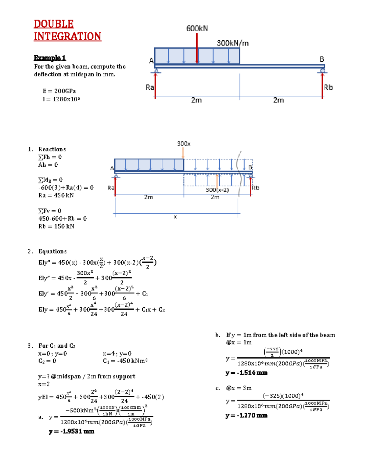 Double Integration Method - DOUBLE INTEGRATION Example 1 For the given ...